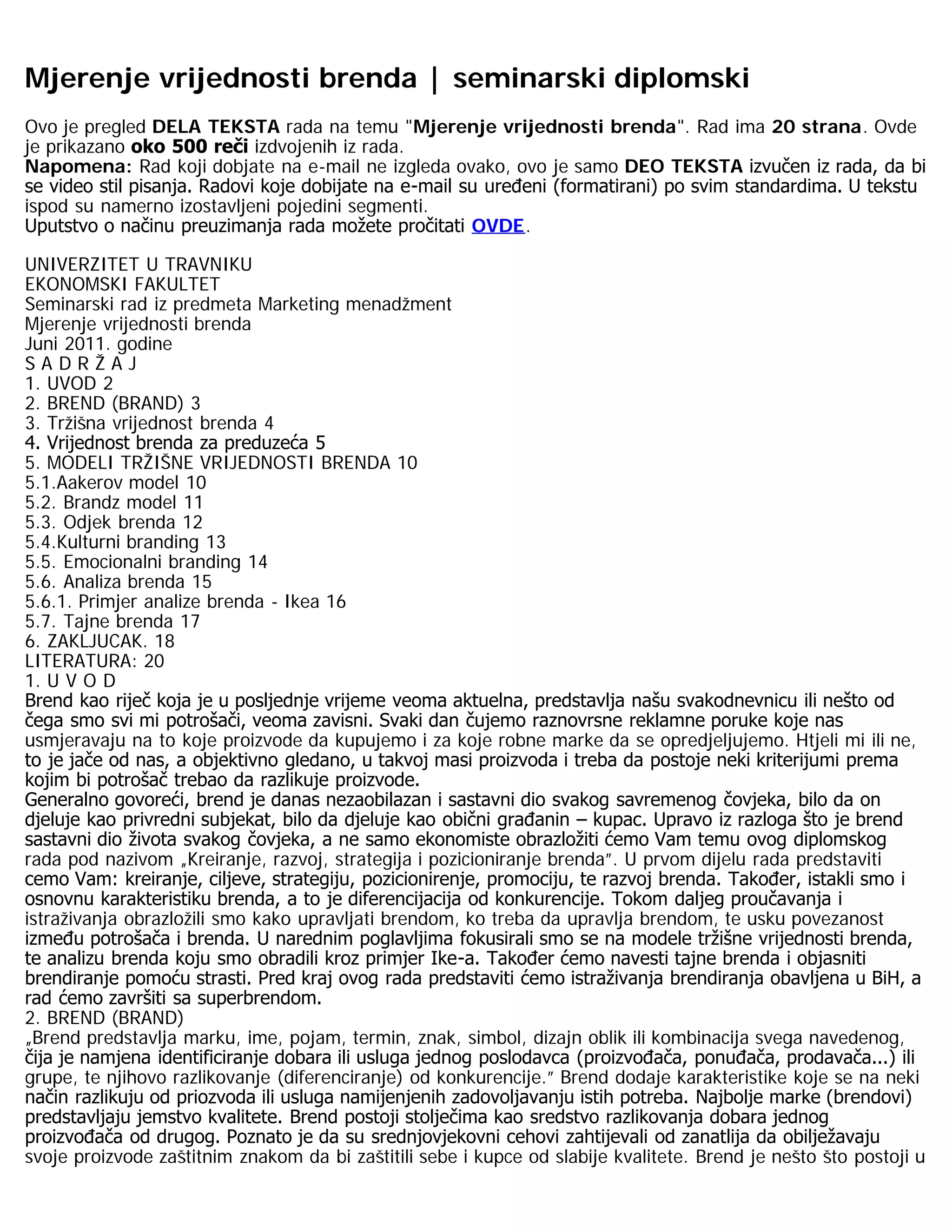 Seminarski diplomskimjerenje vrijednosti-brenda | PDF