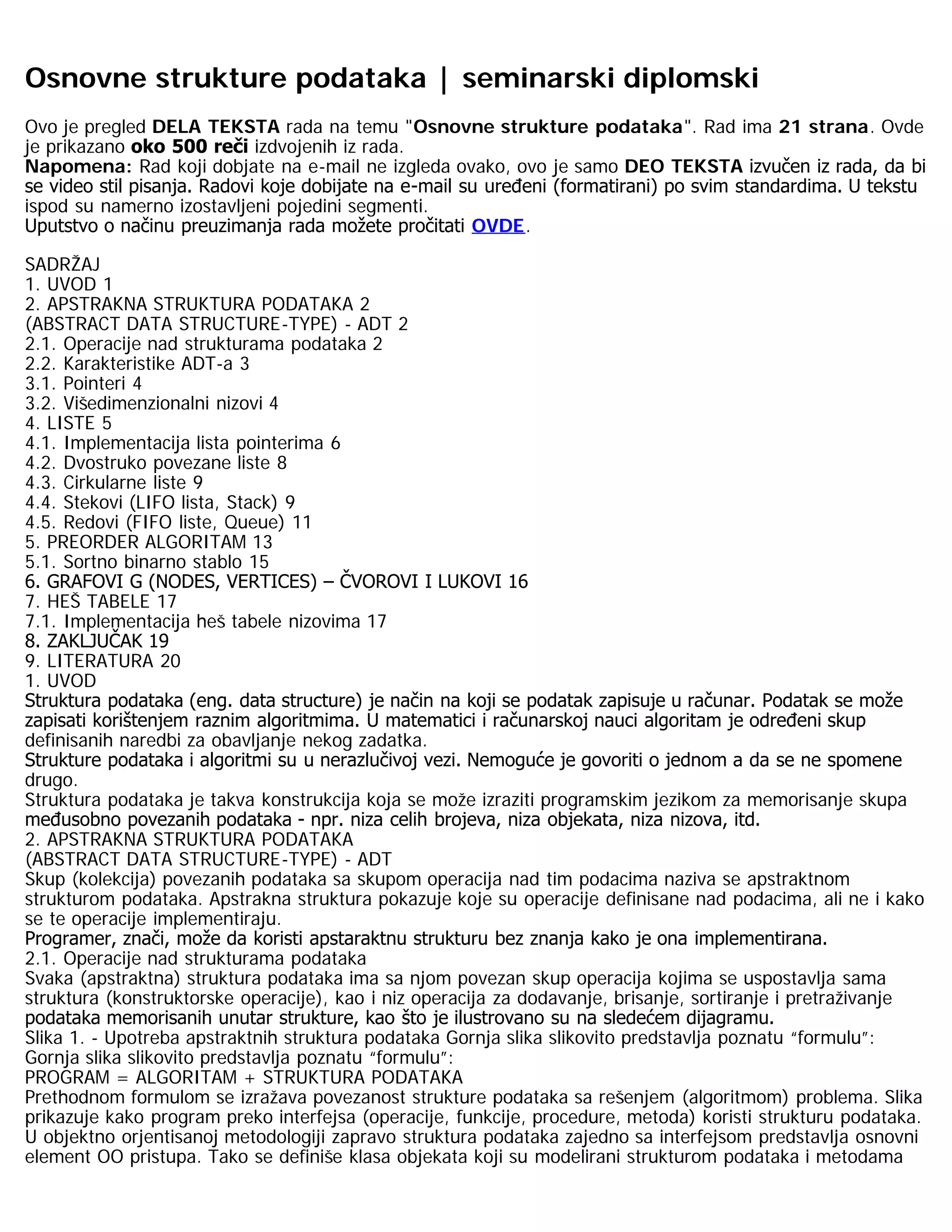 Seminarski diplomskiosnovne strukture-podataka | PDF