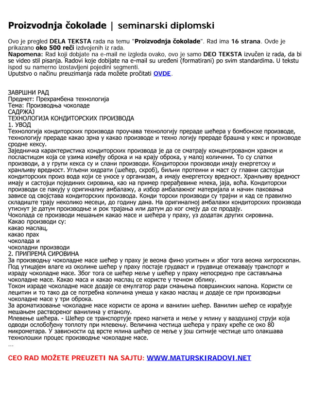 Seminarski diplomskiproizvodnja cokolade | PDF