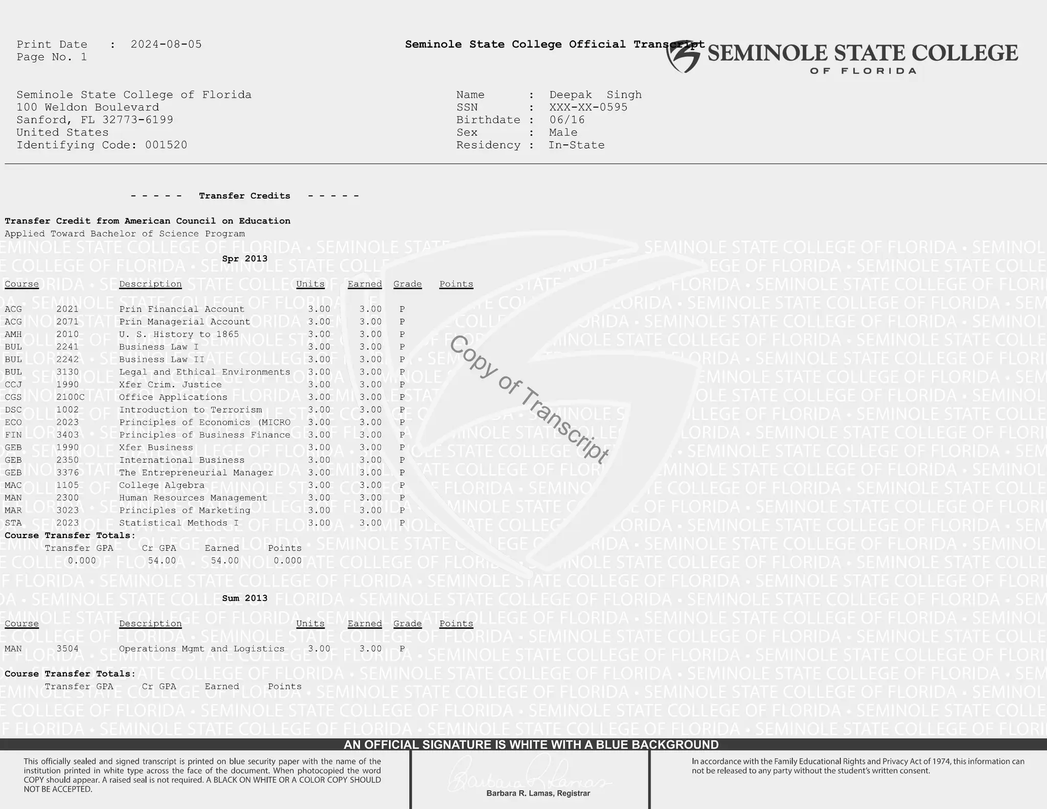 Seminole State College of Florida Transcript of Deepak (Danny) Singh ...