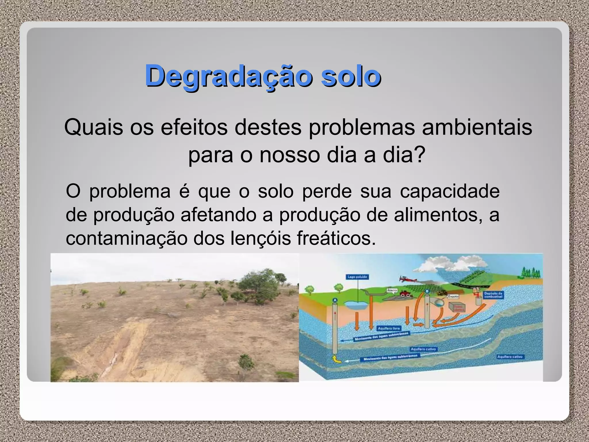 Degradação do solo, Erosão, Enchentes e Desertificação.