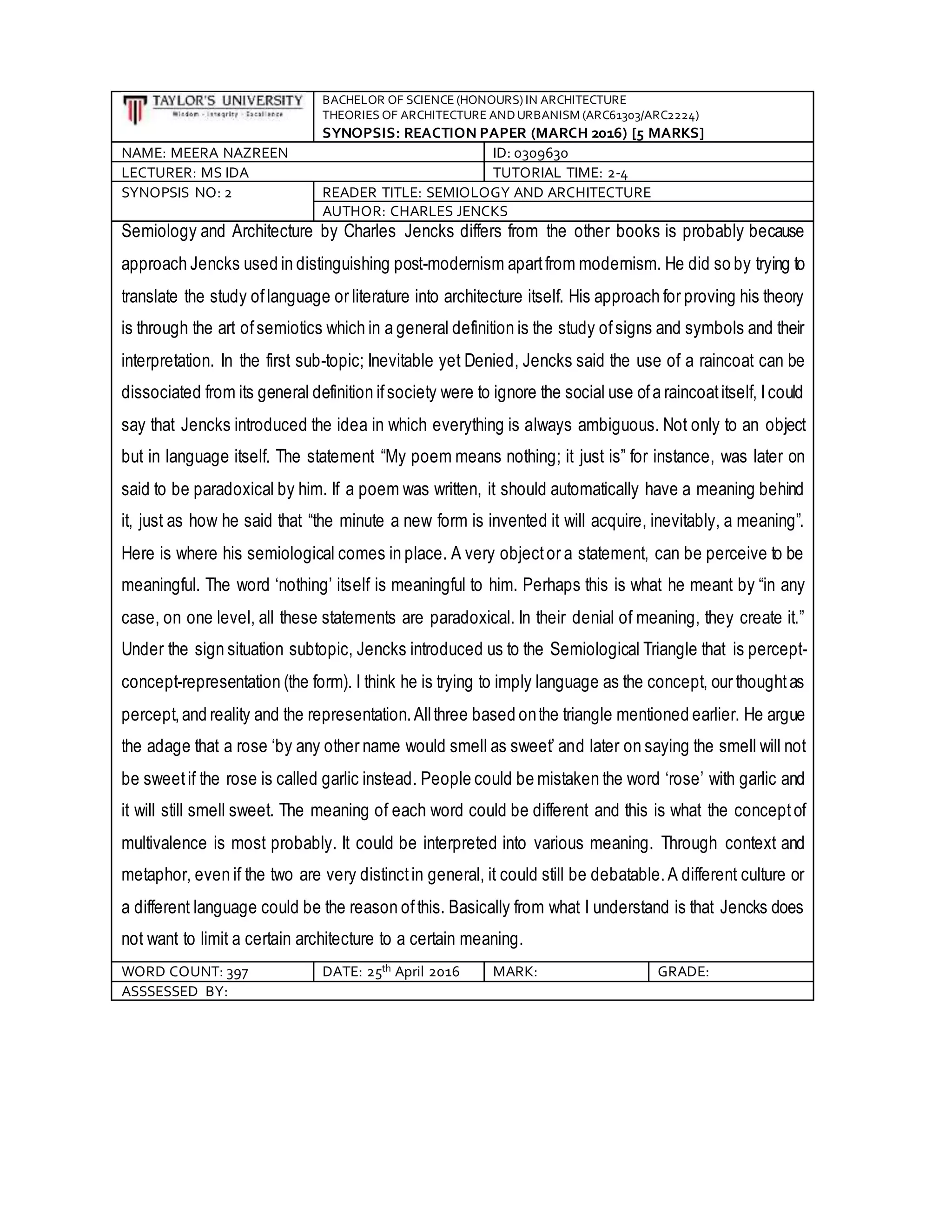 Semiology and archtecture synosis 2 | DOCX