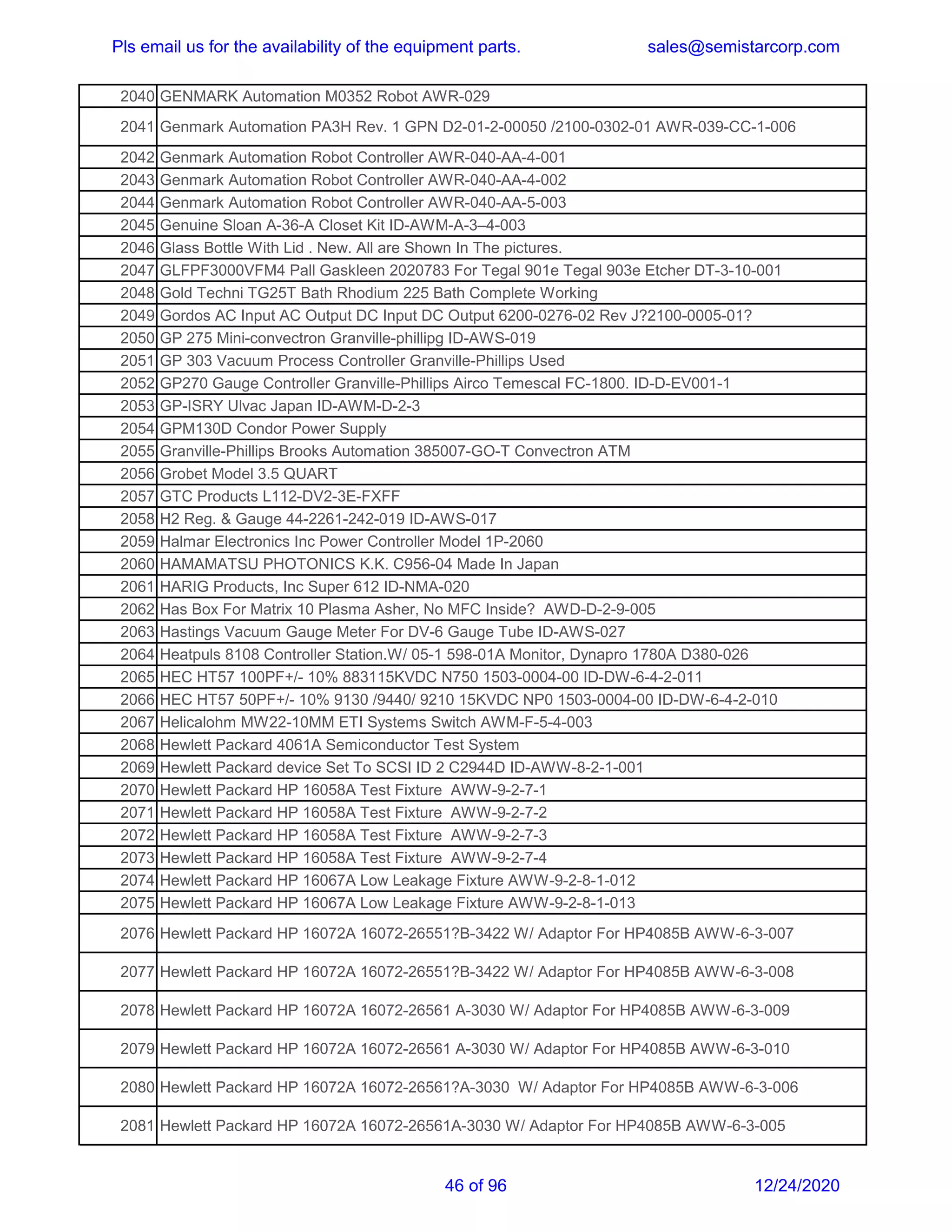 Semi star equipment parts inventory list dec 2020 | PDF