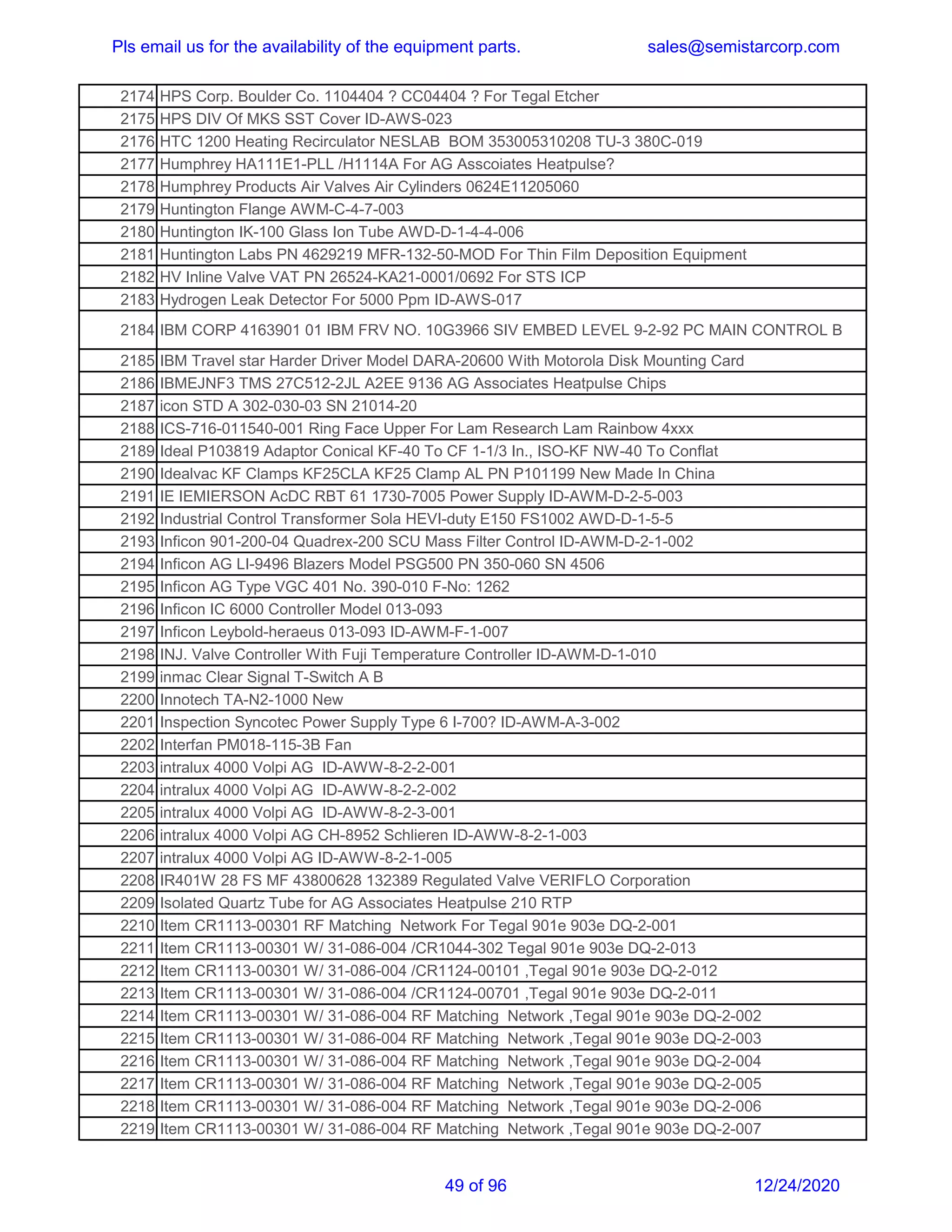 Semi star equipment parts inventory list dec 2020 | PDF