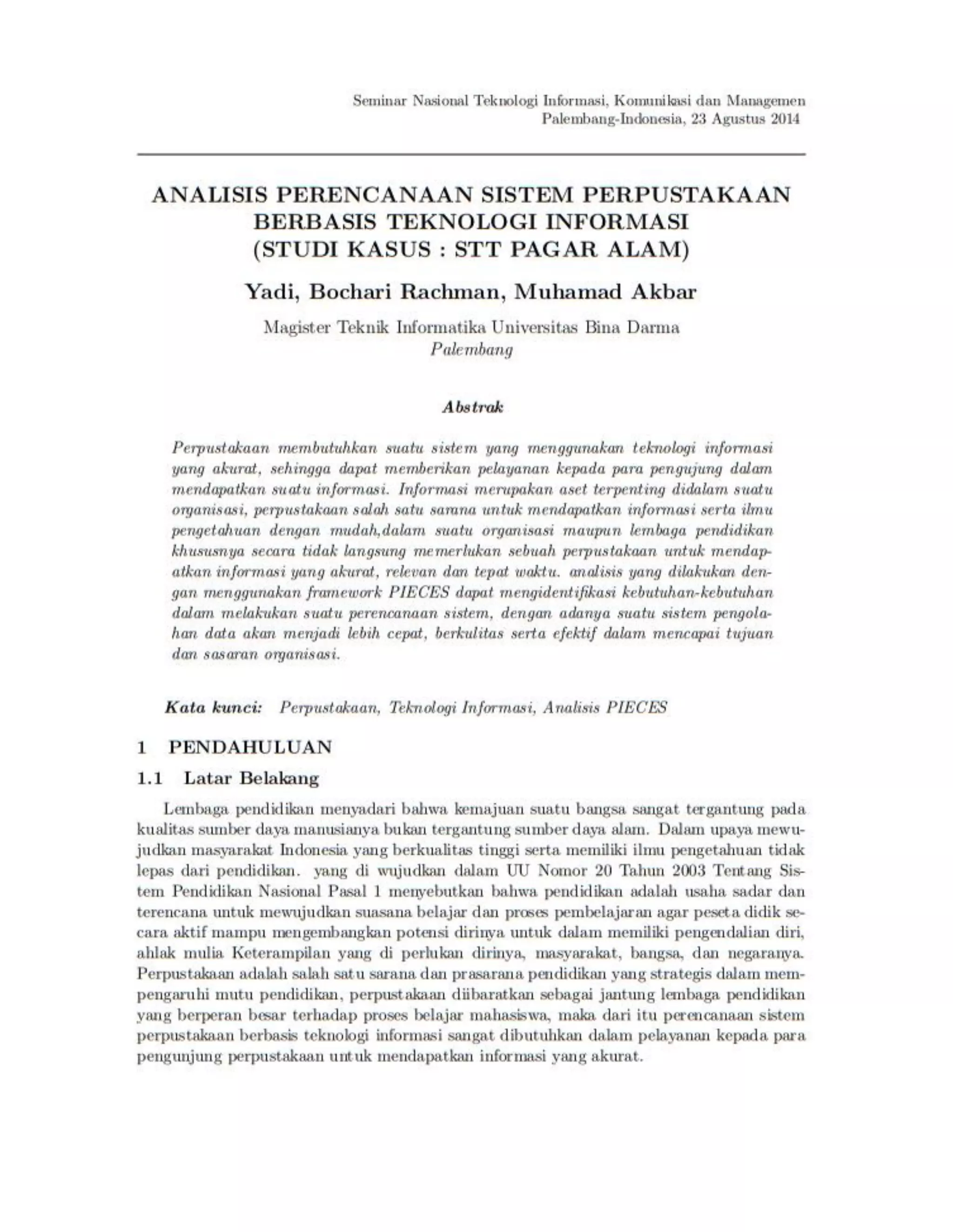 Analisis Perencanaan Sistem Perpustakaan Berbasis Teknologi Informasi (Studi Kasus STT Pagaralam ...
