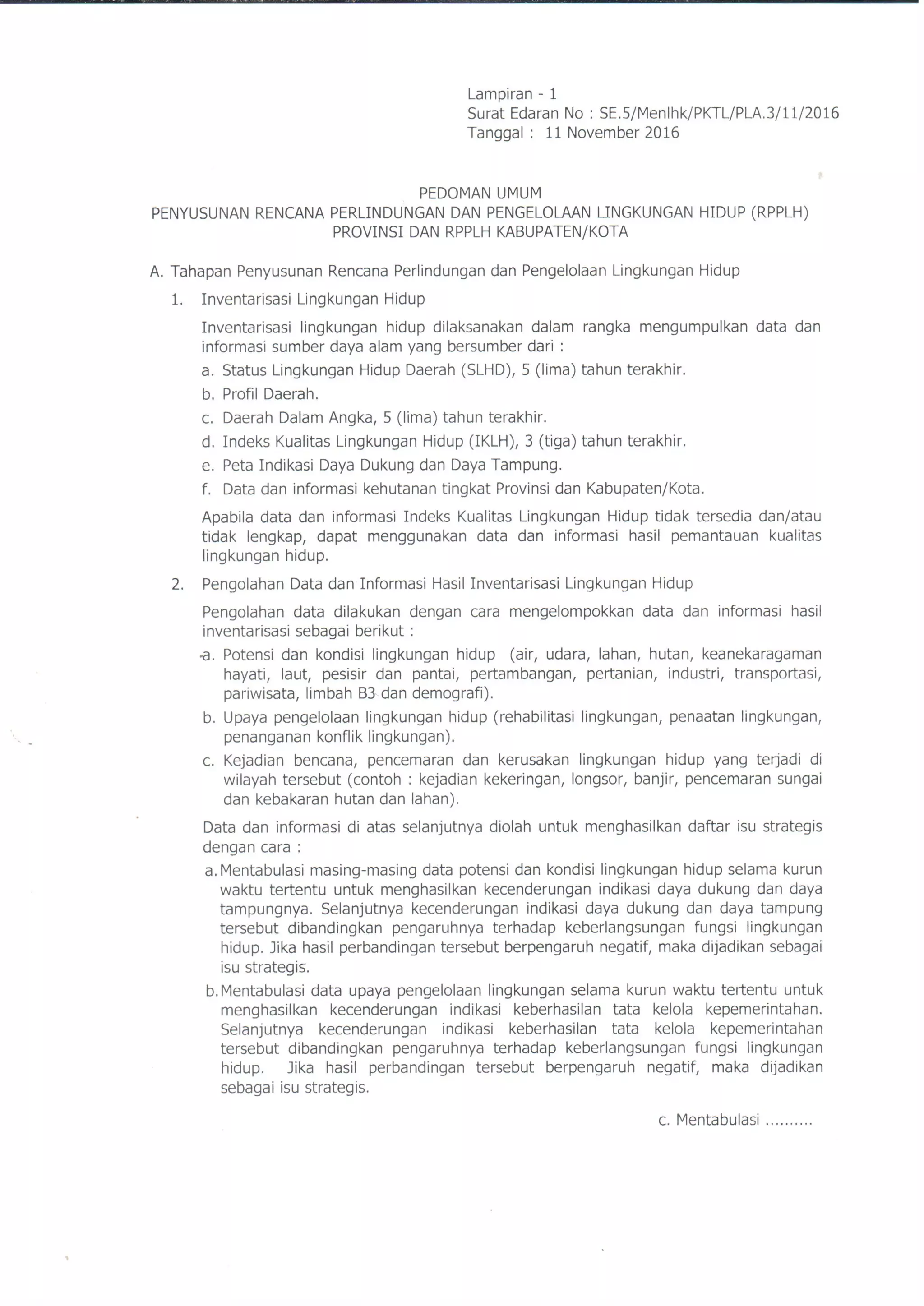 SE.5/MENLHK/PKTL/PLA.3/11/2016 - Penyusunan RPPLH Daerah | PDF