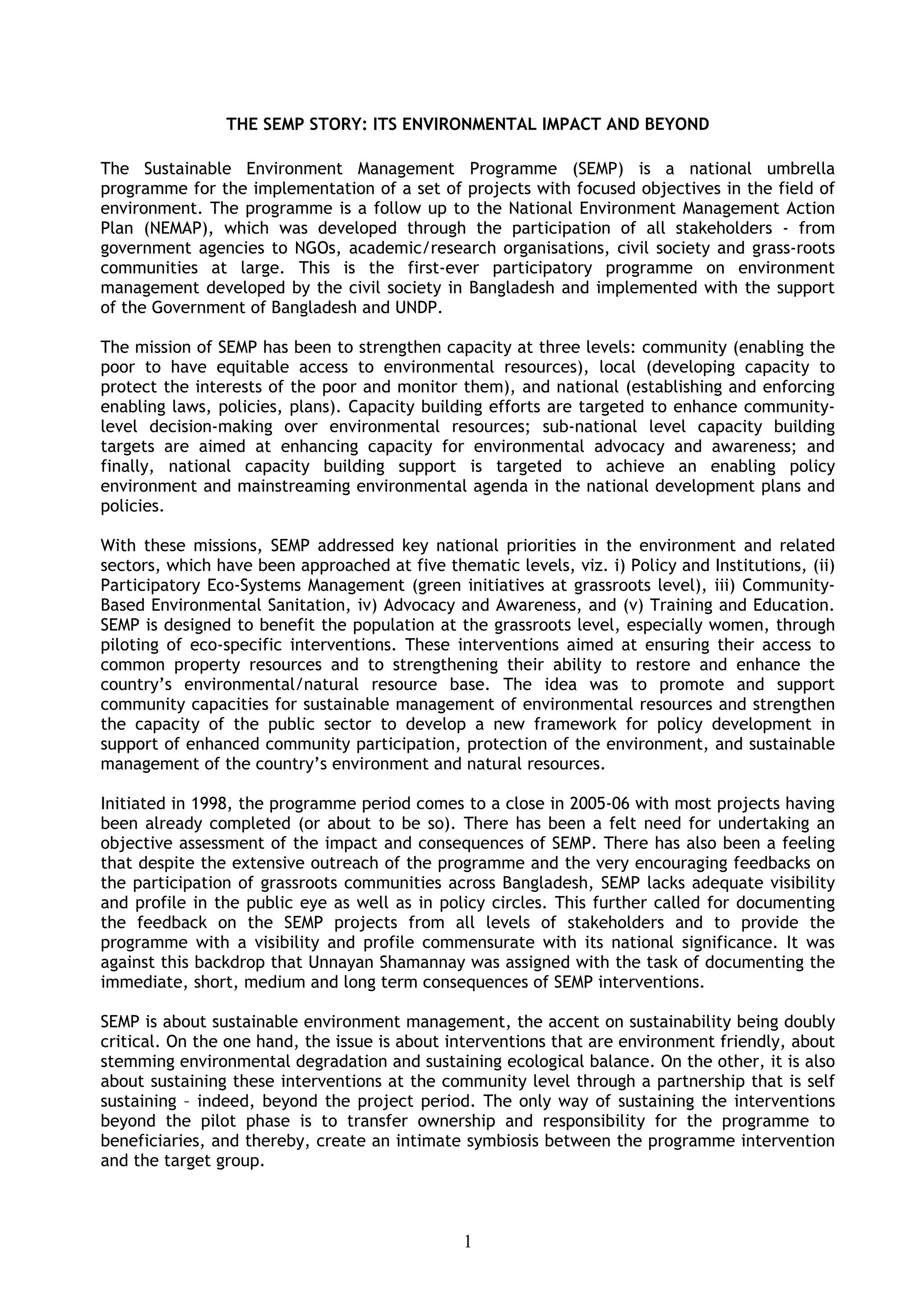 SEMP: WINDOW ON SUSTAINABLE ENVIRONMENTAL MANAGEMENT IN BANGLADESH | PDF