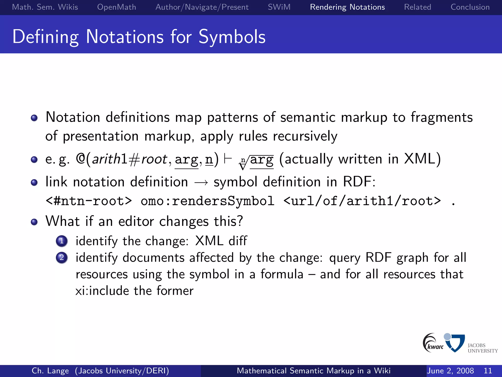 Mathematical Semantic Markup in a Wiki: the Roles of Symbols and Notations | PDF