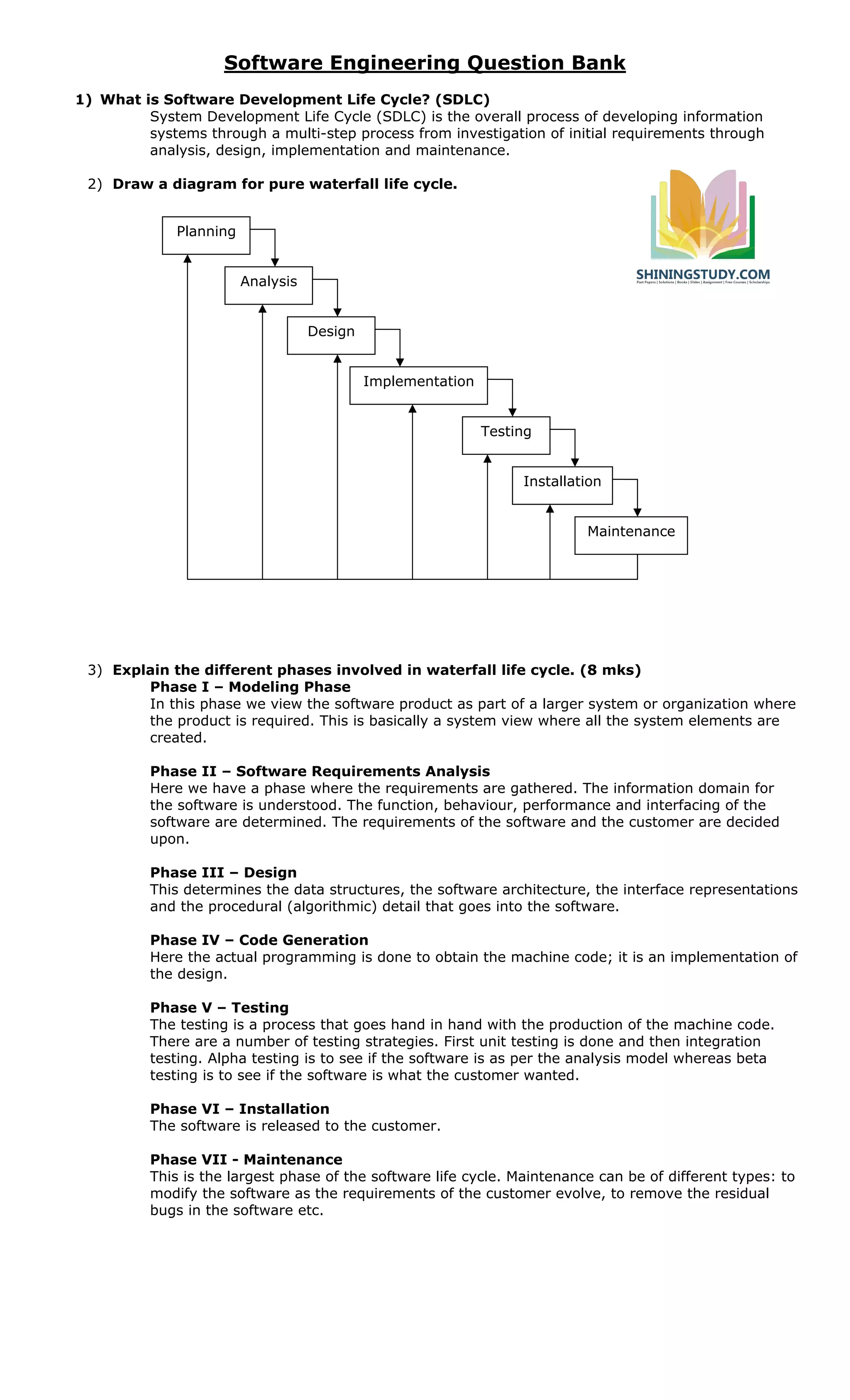 Software Engineering Important Short Question for Exams | PDF ...