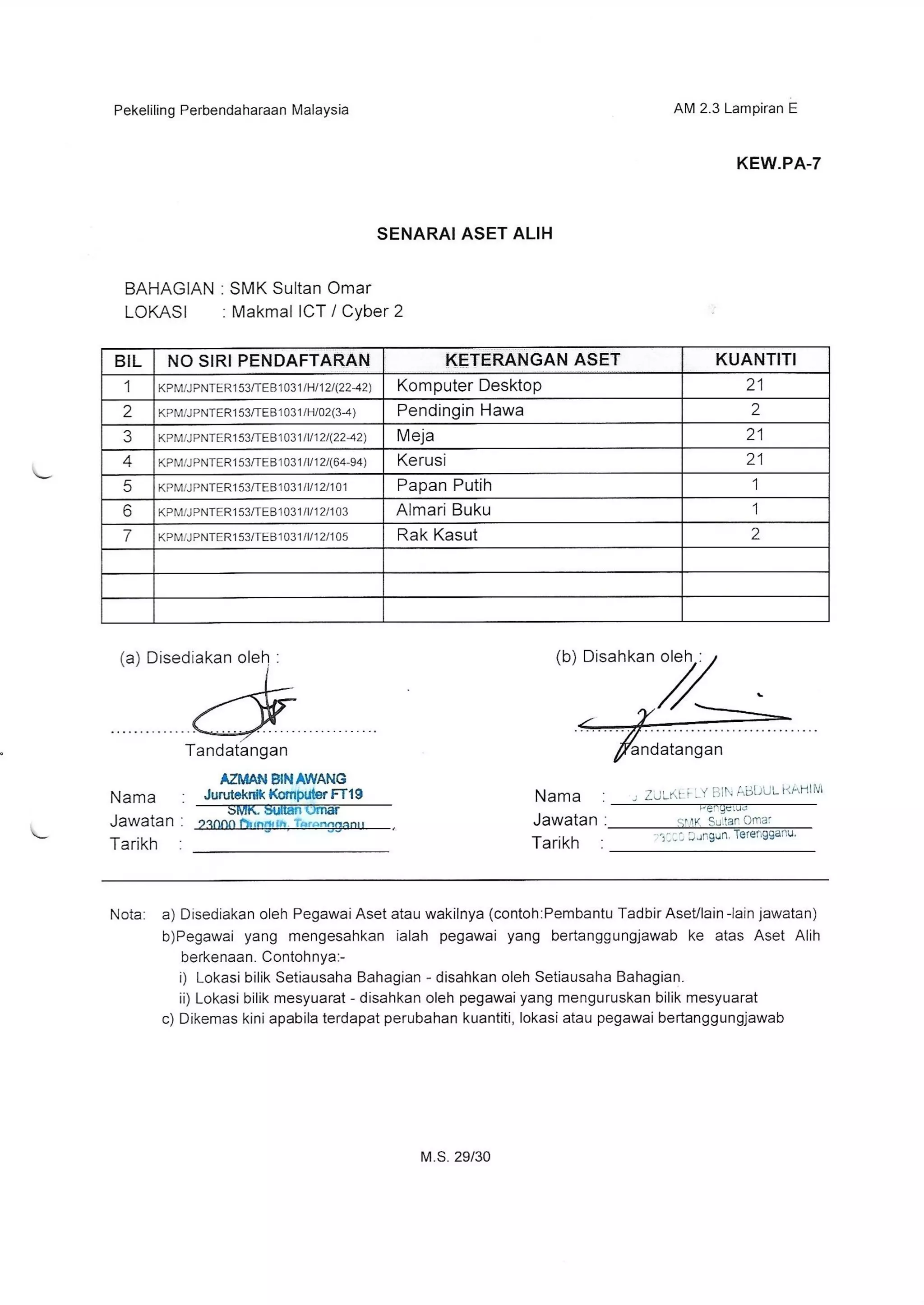 Senarai Aset Alih (KEW.PA-7) Peralatan ICT SMKSO | PDF