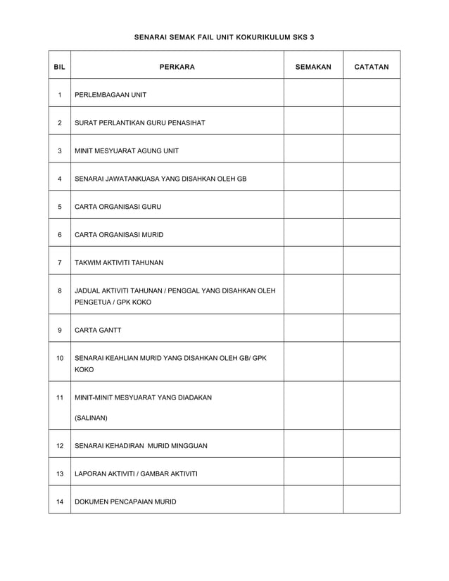 Senarai semak fail unit kokurikulum | DOC