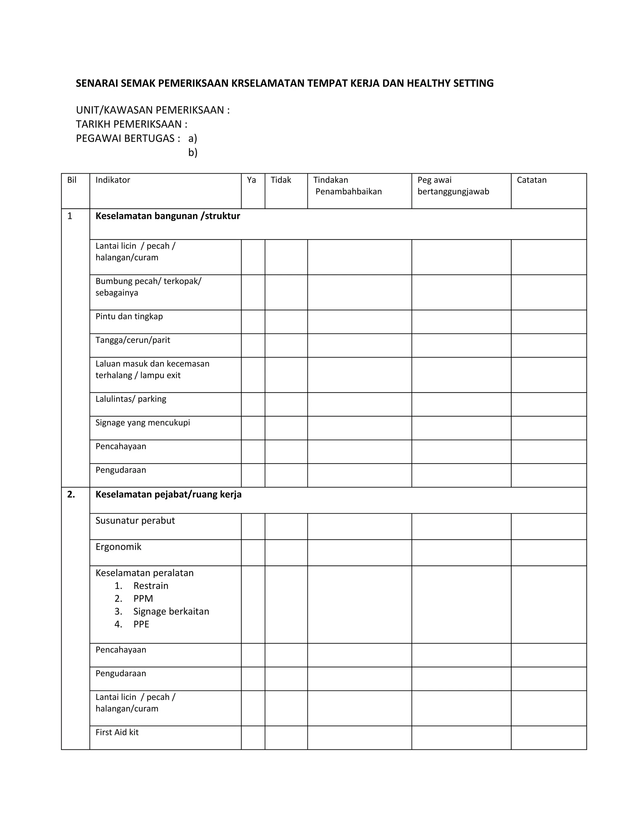 Senarai semak pemeriksaan krselamatan tempat kerja dan healthy setting ...