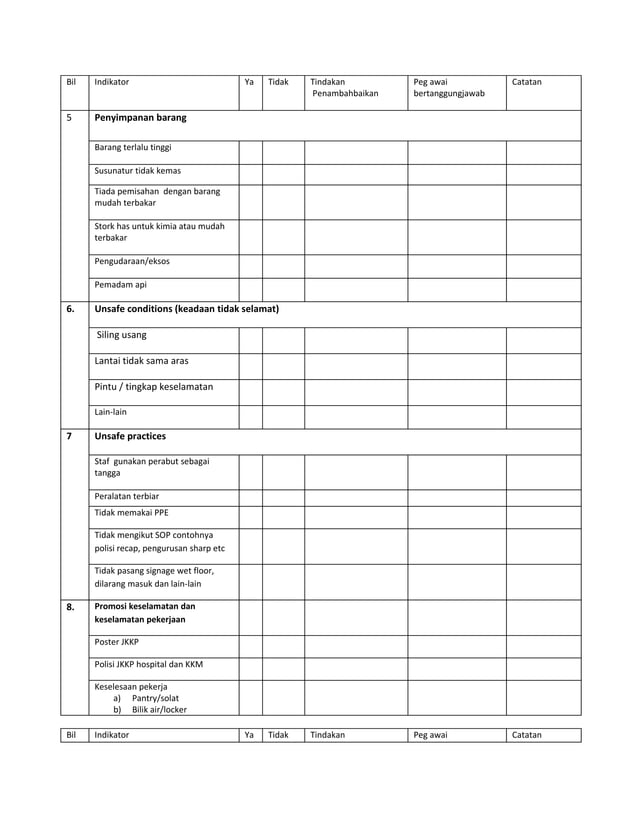 Senarai semak pemeriksaan krselamatan tempat kerja dan healthy setting ...