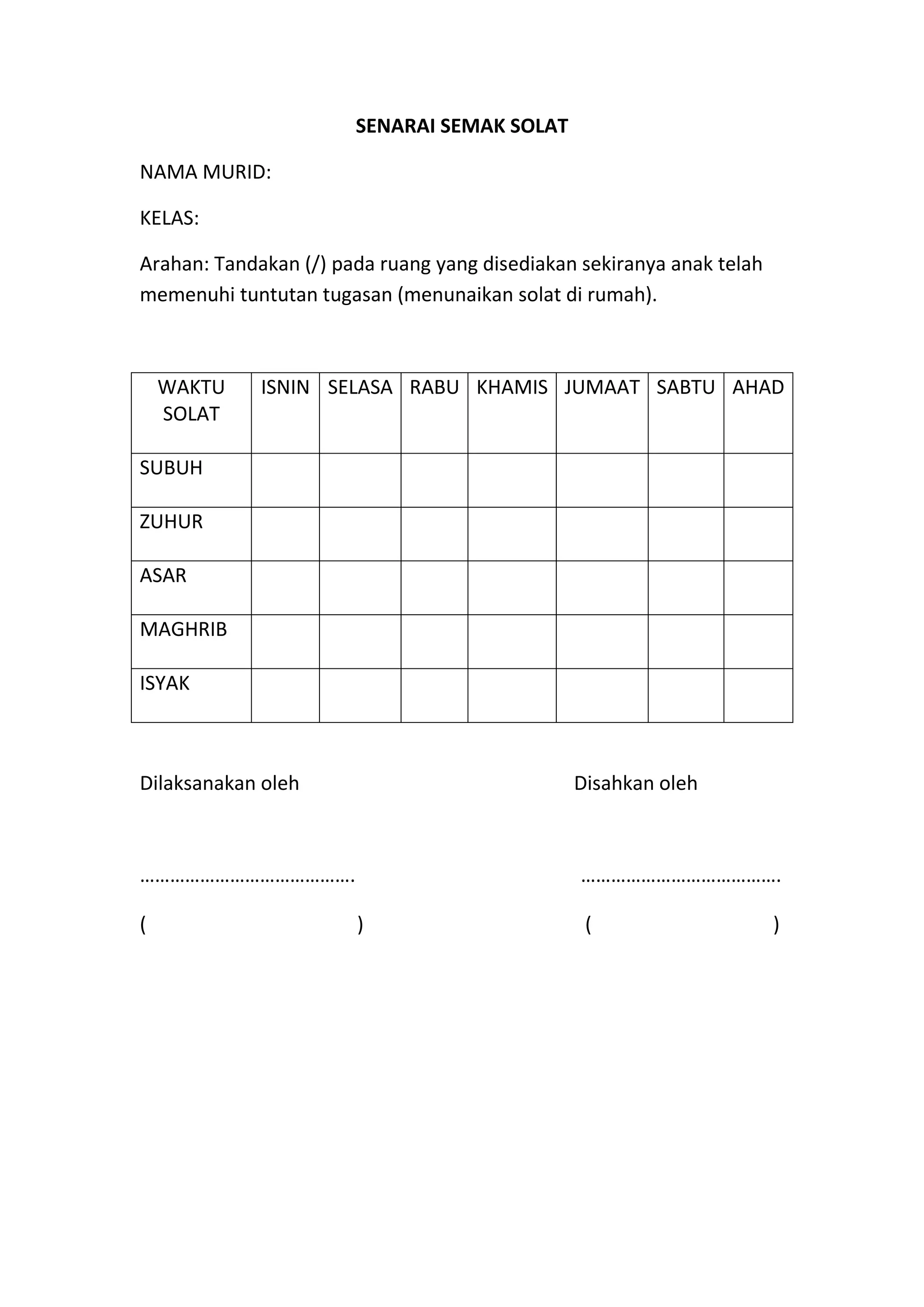 Senarai semak solat | DOCX