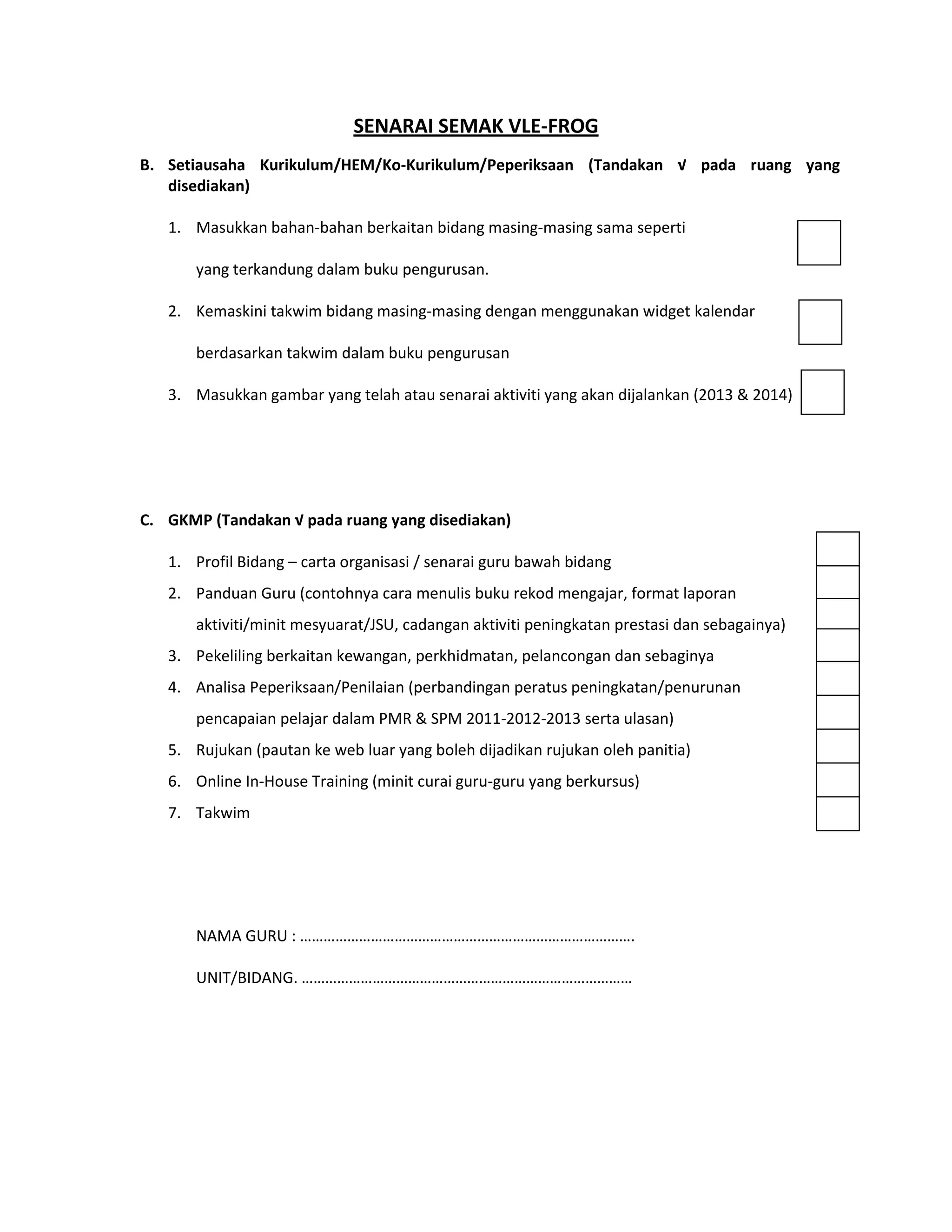 Senarai Semak Kandungan Dashboard VLE-Frog SMK Seri Keramat | DOCX