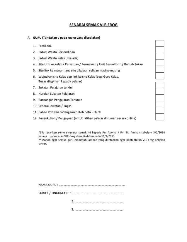 Senarai Semak Kandungan Dashboard VLE-Frog SMK Seri Keramat | DOCX