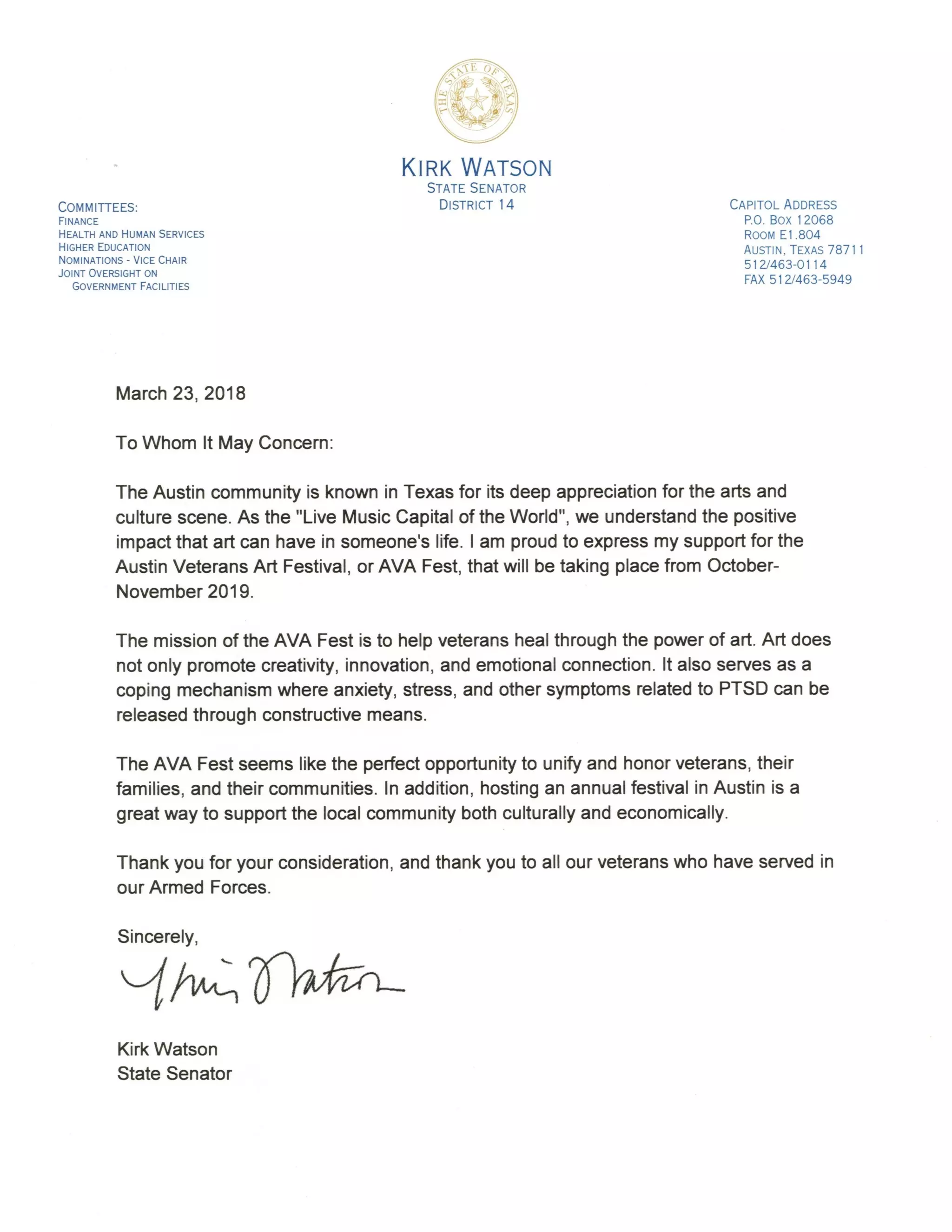 A Letter form Senator Kirk Watson | PDF