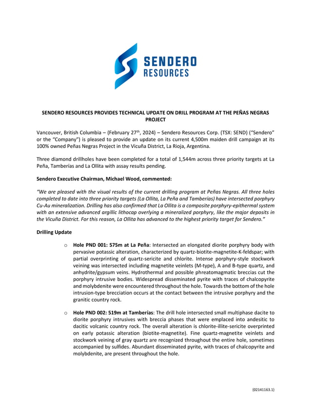 Comunicado de Sendero Resources por Peñas Negras | PDF