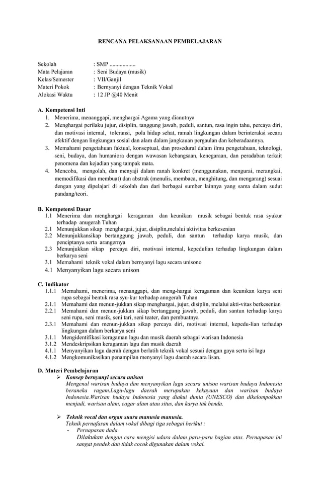 RPP SMP Seni Budaya Kelas VII | PDF