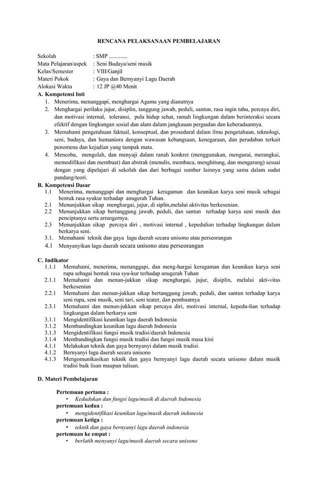 RPP SMP Seni Budaya Kelas VIII | PDF