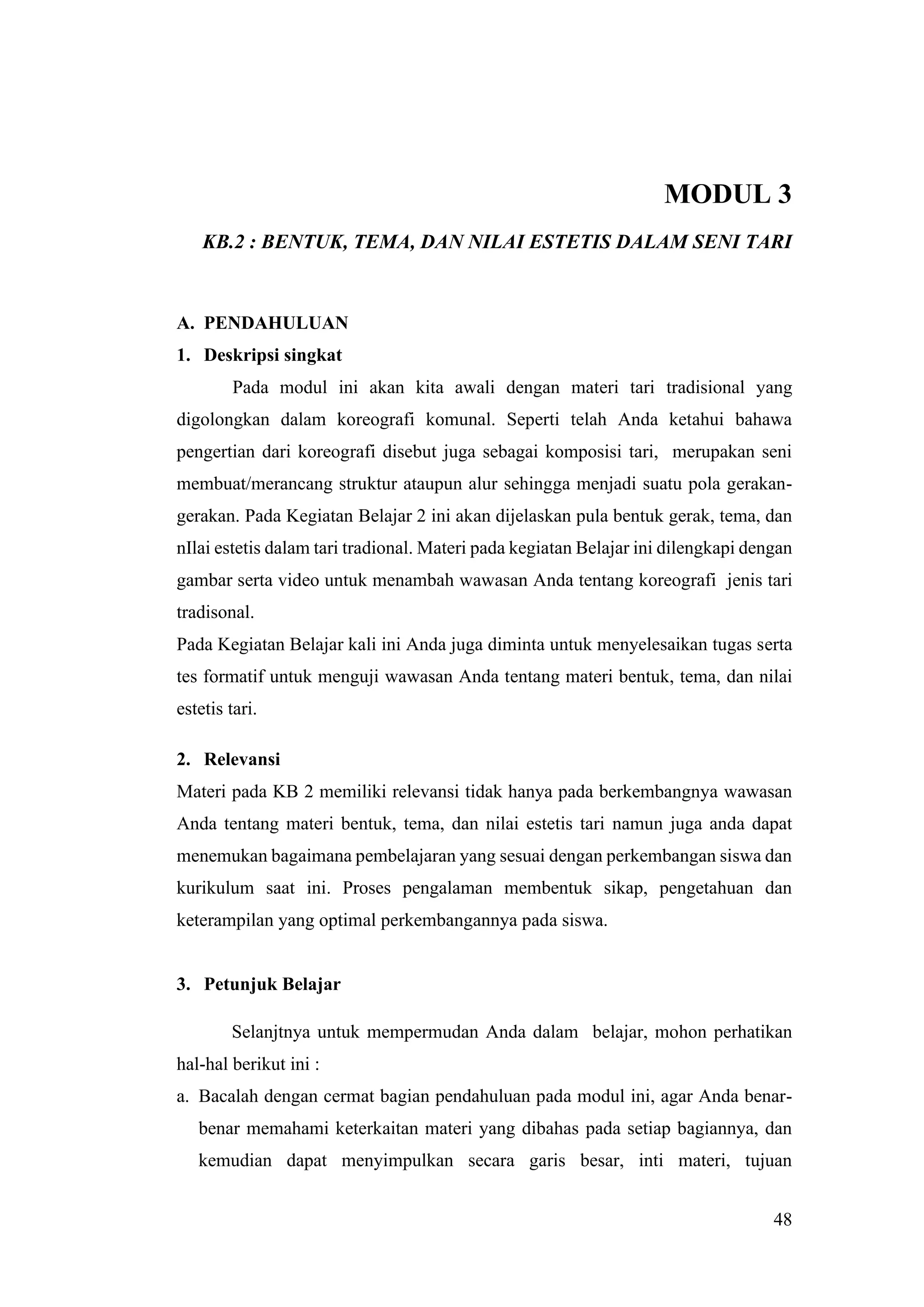 MODUL III SENI BUDAYA KB 2:BENTUK, TEMA, DAN NILAI ESTETIS DALAM SENI TARI | PDF