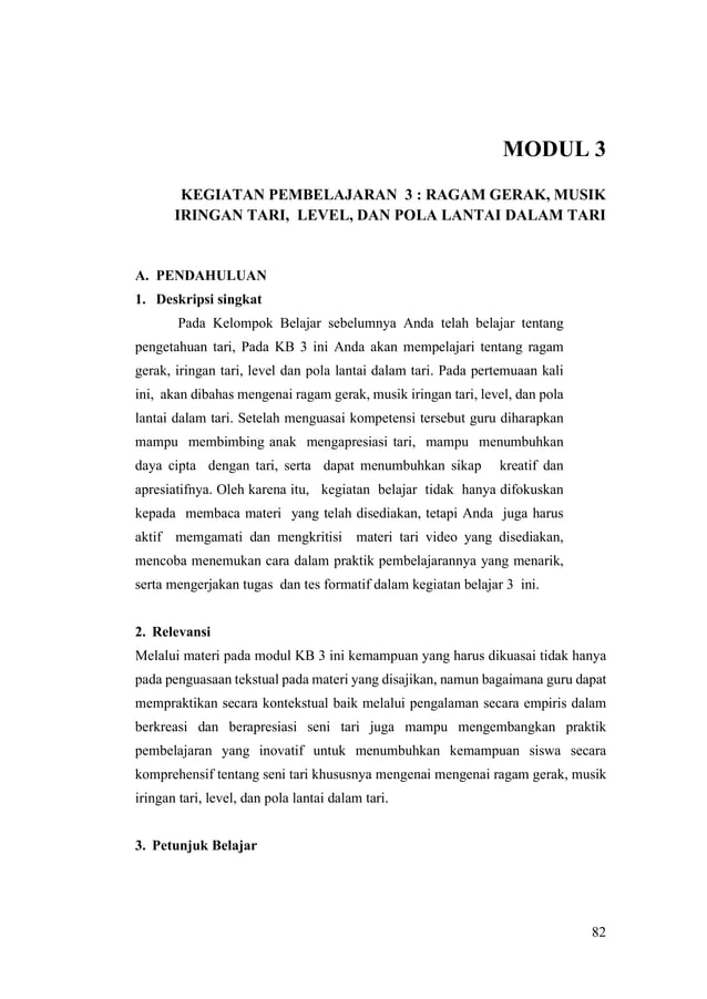 MODUL III SENI BUDAYA KB 3: RAGAM GERAK, MUSIK IRINGAN TARI, LEVEL, DAN POLA LANTAI DALAM TARI | PDF