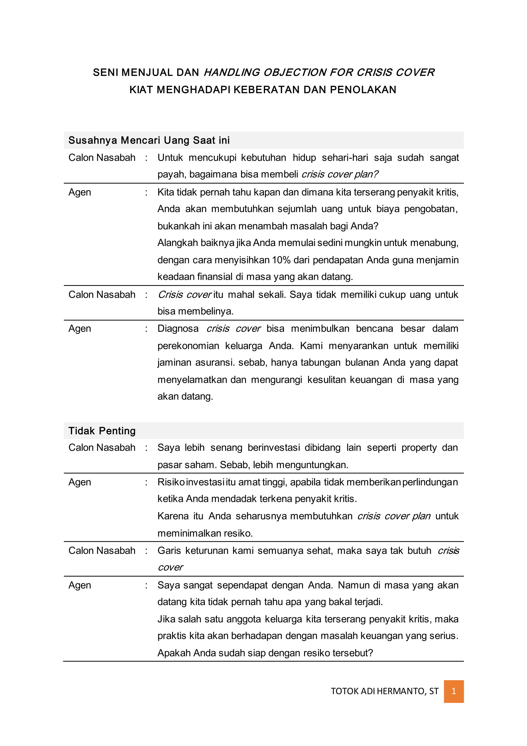 Seni menjual dan handling objection for crisis cover | DOCX