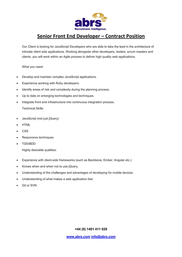 Senior Front End Developer – Contract Position, see @Bradley_abrs | PDF | Web Development | Internet