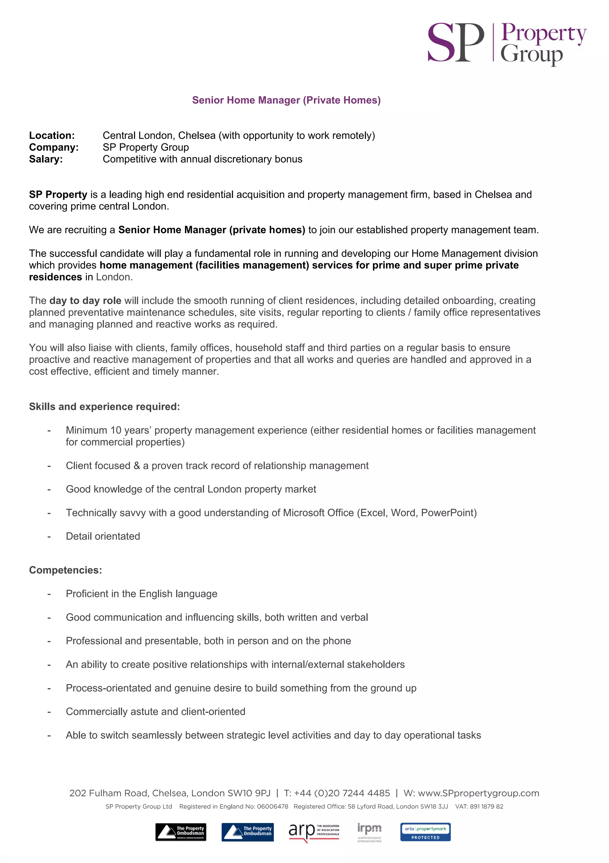 Senior Home Manager - Job Description | PDF