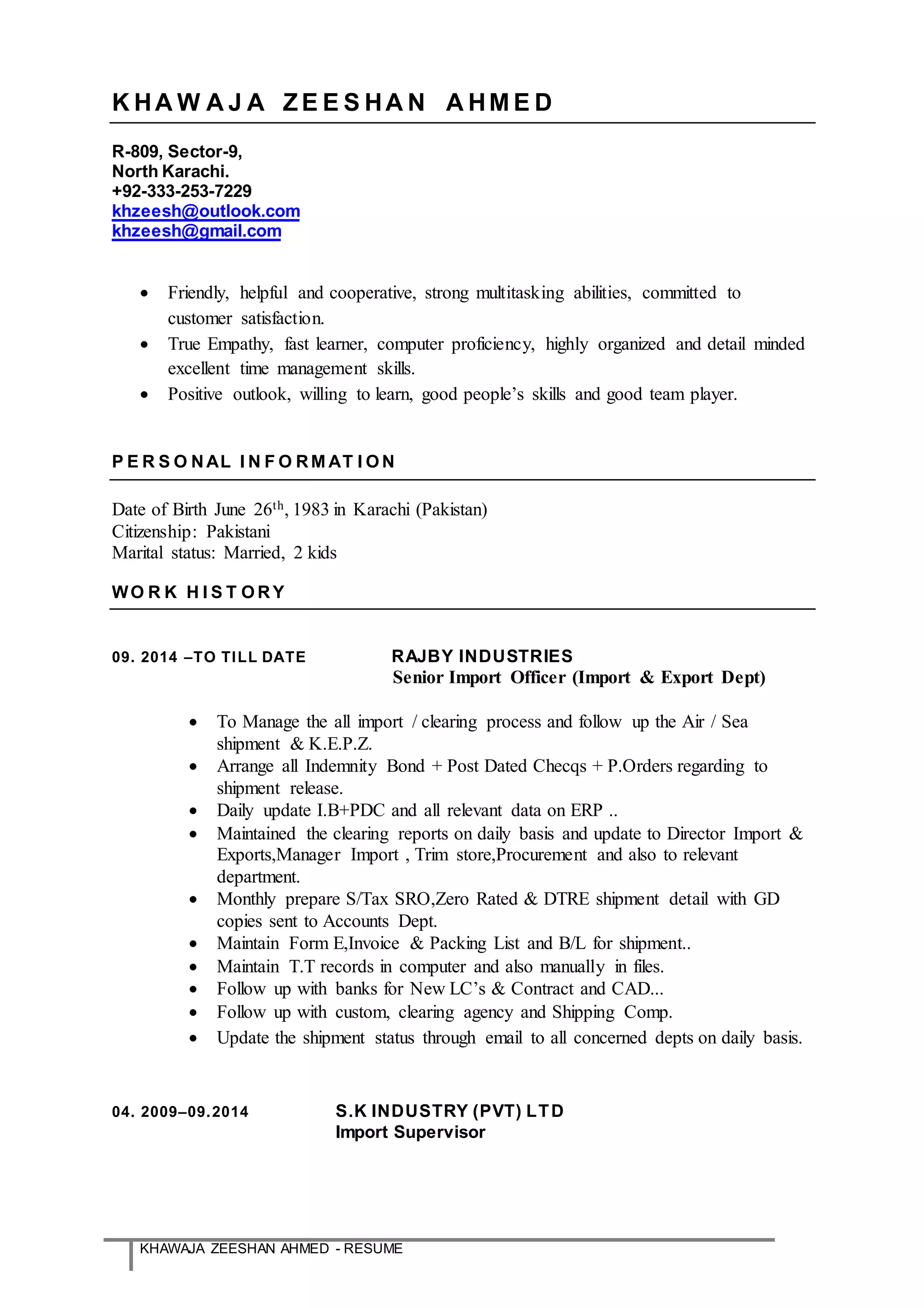 Senior import resume | DOCX
