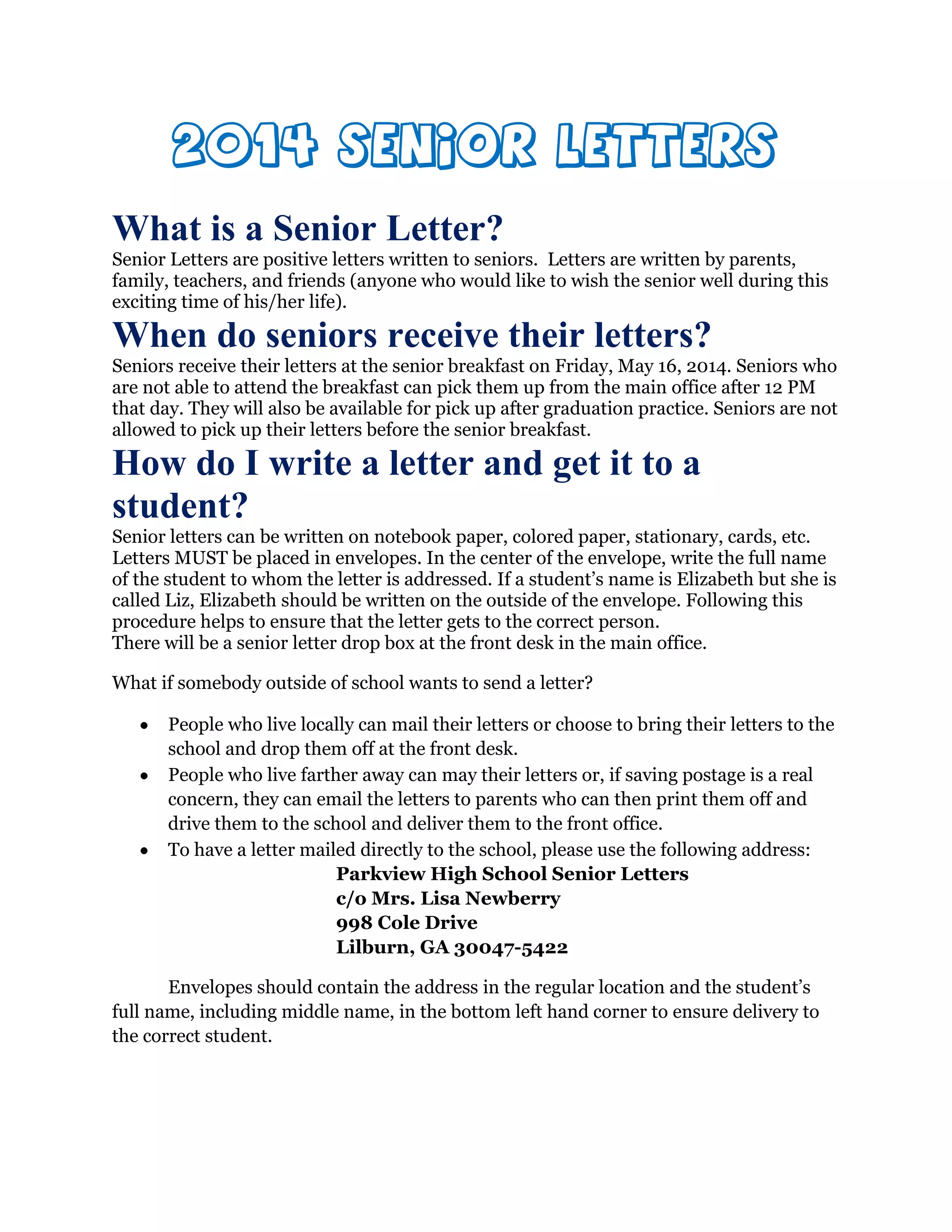 2014 Senior Letters Information | PDF