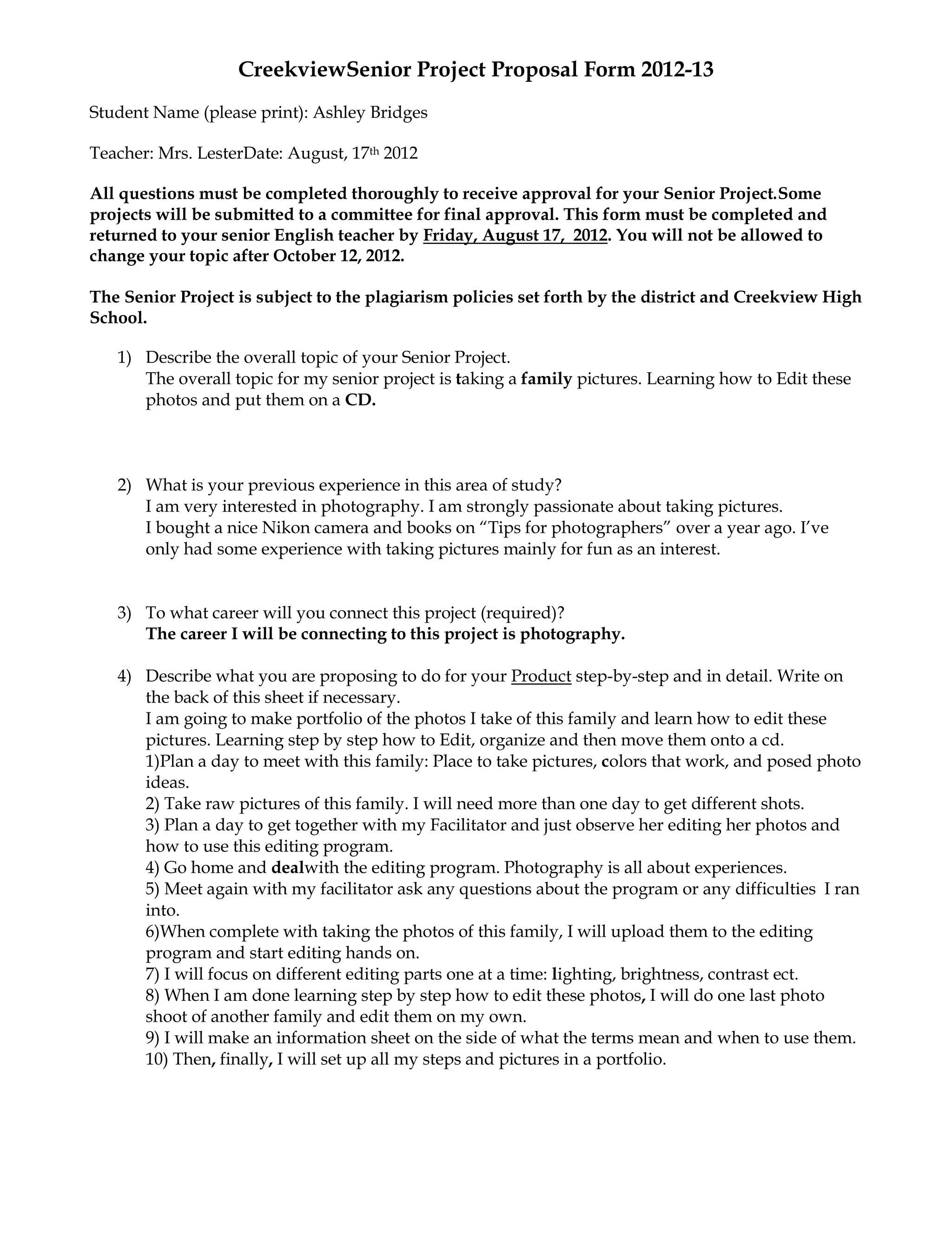 Senior Project Proposal Form | DOCX | Photography | Arts and Crafts