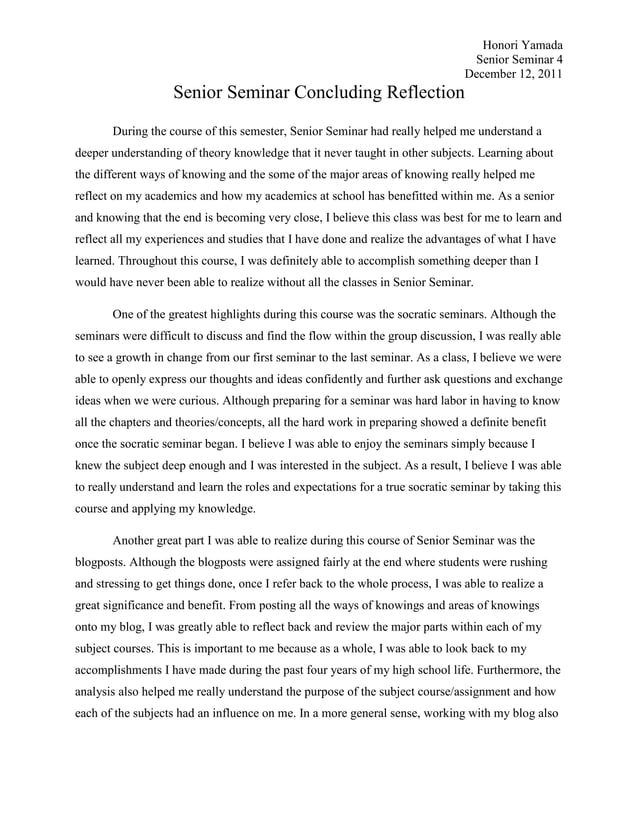 Senior Seminar Reflection | DOCX | College Planning | College Education