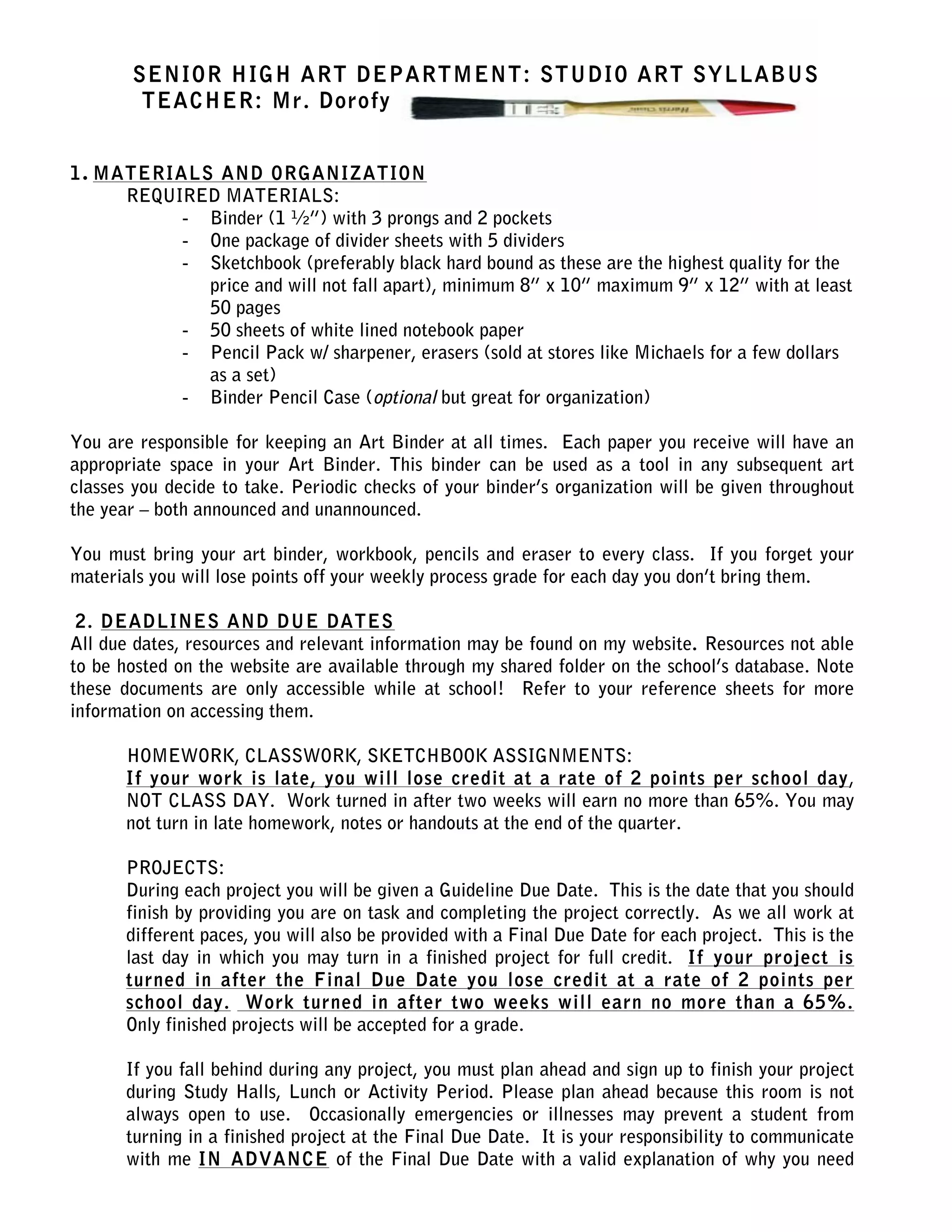 Senior High Studio Art Syllabus 2012 13 | PDF