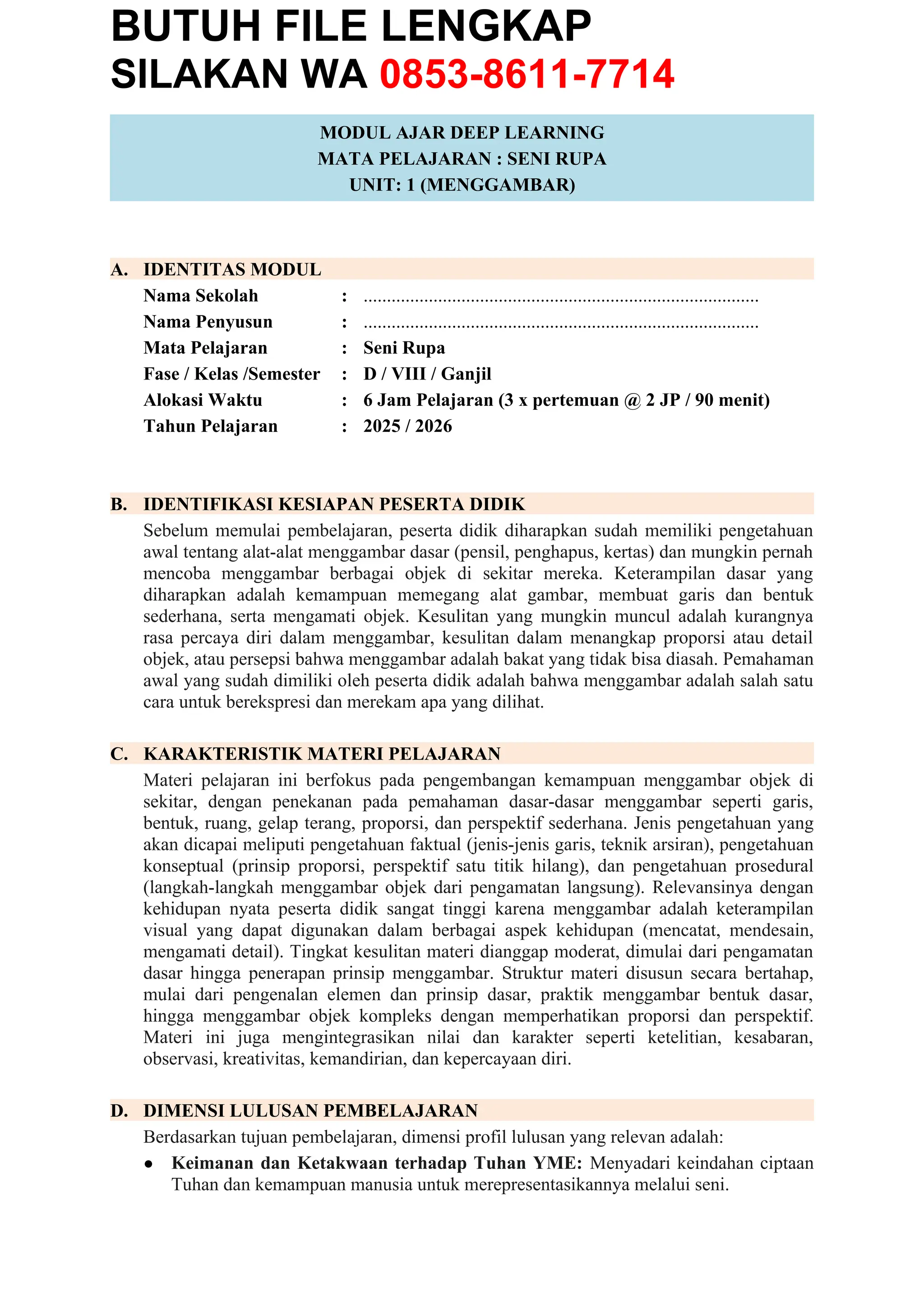 Modul Ajar Pembelajaran Mendalam SBK Seni Rupa Kelas 8 Terbaru 2025 | DOCX
