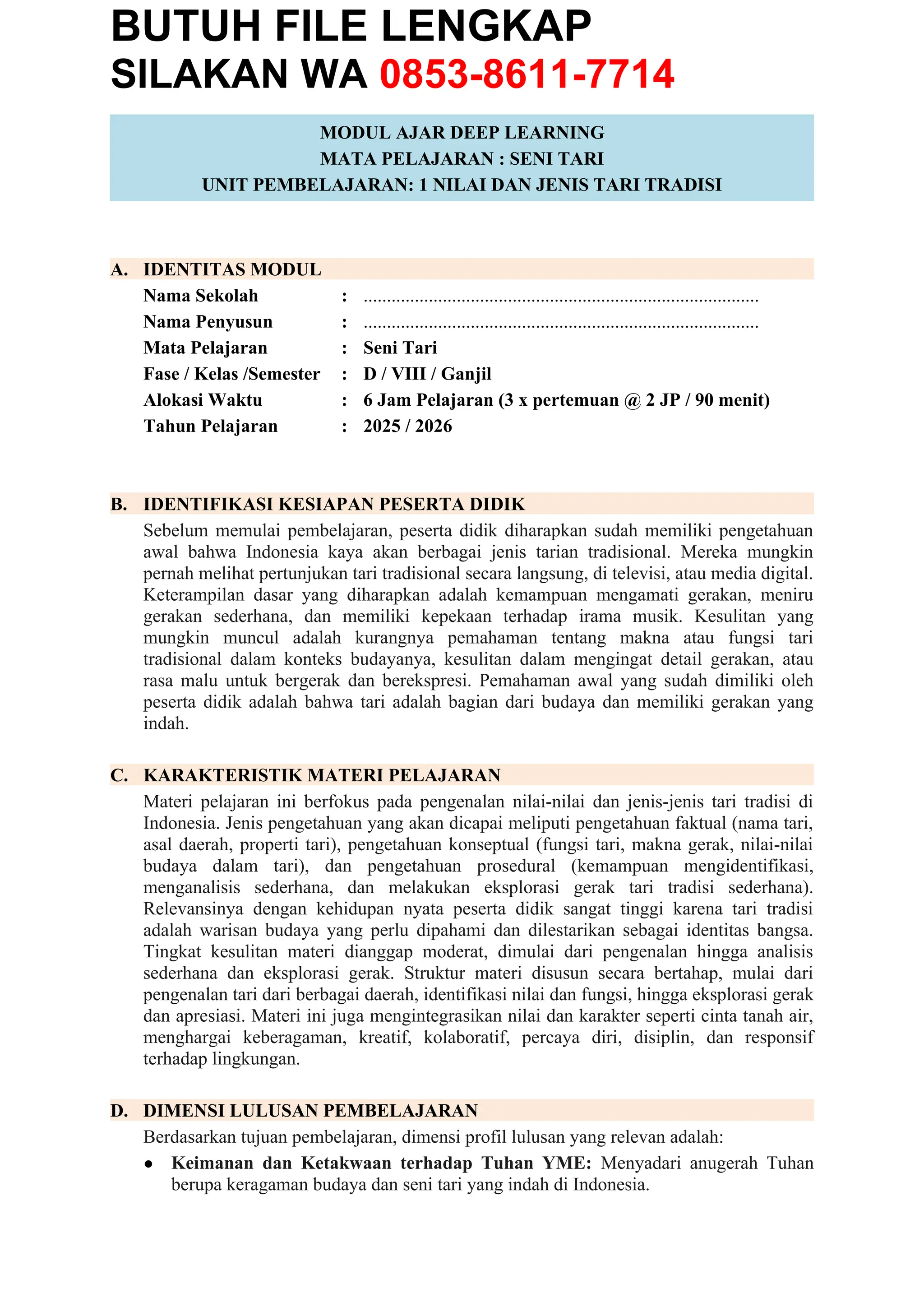 Modul Ajar Pembelajaran Mendalam SBK Seni Tari Kelas 8 Terbaru 2025 | DOCX