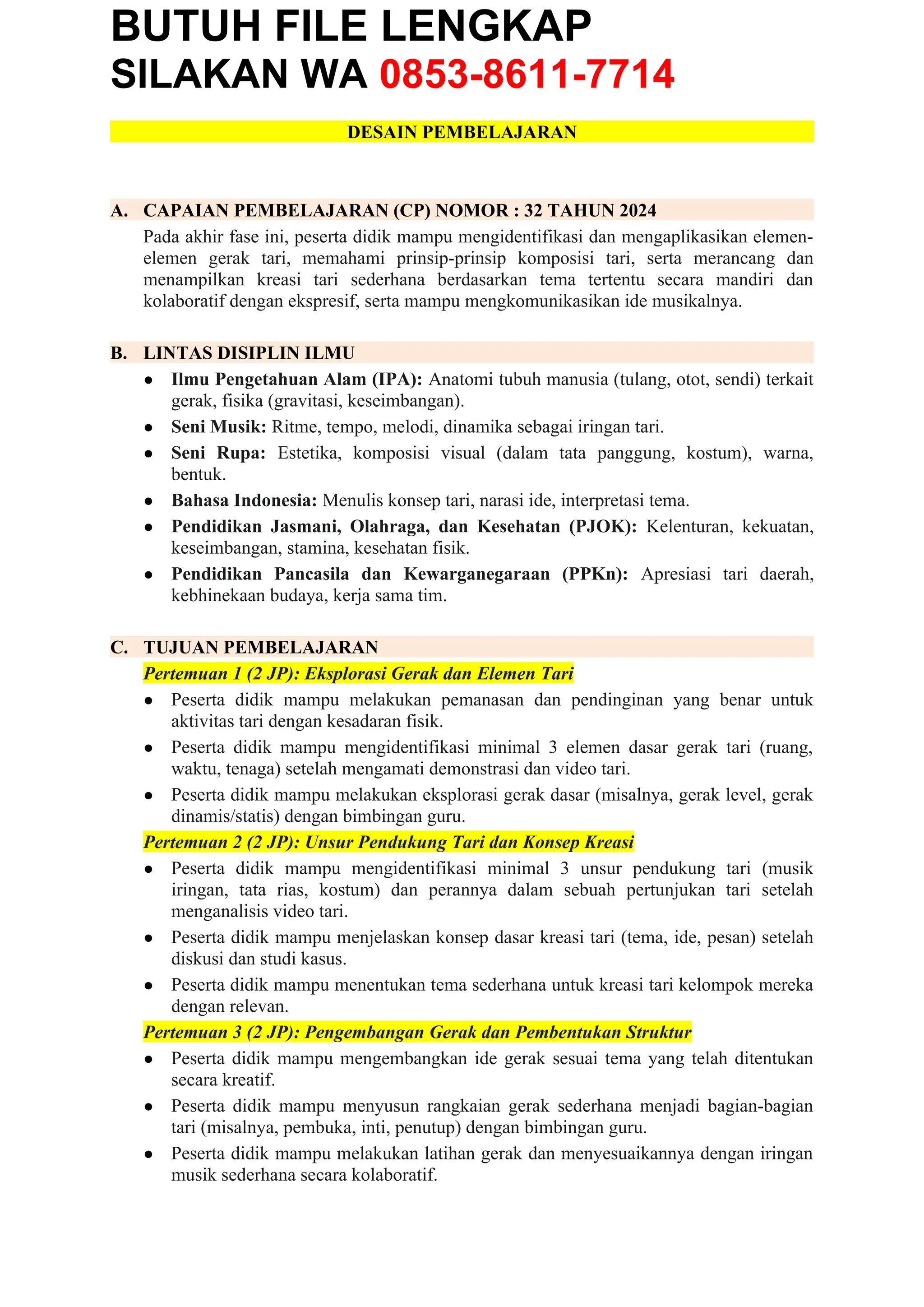 Modul Ajar Pembelajaran Mendalam Senbud Seni Tari Kelas 9 Terbaru 2025 | DOCX
