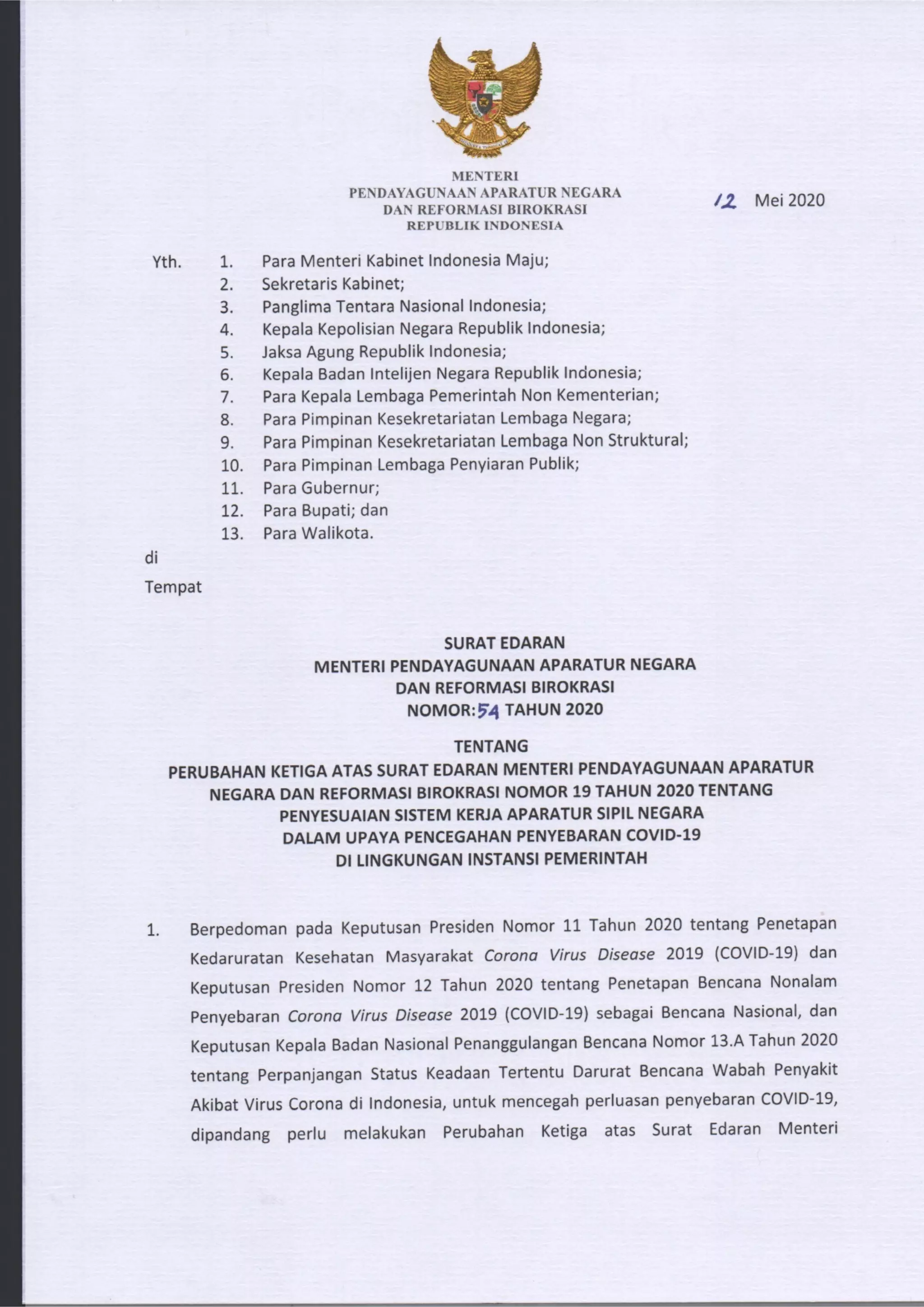 Surat Edaran MENPAN-RB Nomor 54 Tahun 2020 | PDF