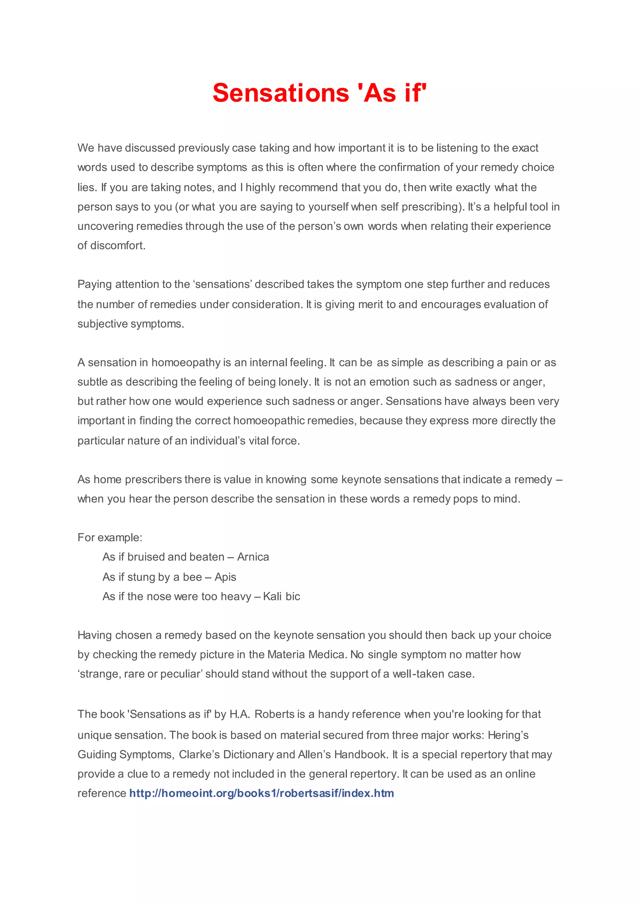 Understanding Homeopathy - Sensations 'As if' | DOCX