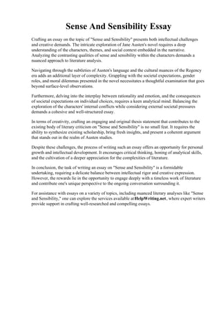 Sense And Sensibility Essay | PDF