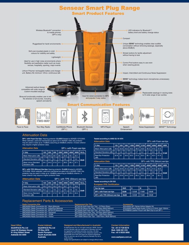 Sensear SP1 Ear Plug Brochure | PDF