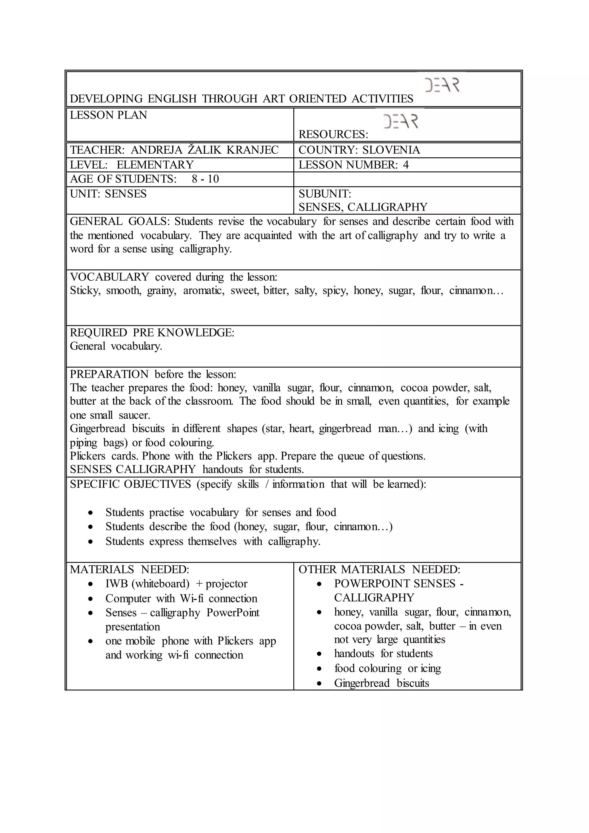 Senses elementary 4 lesson plan | DOCX