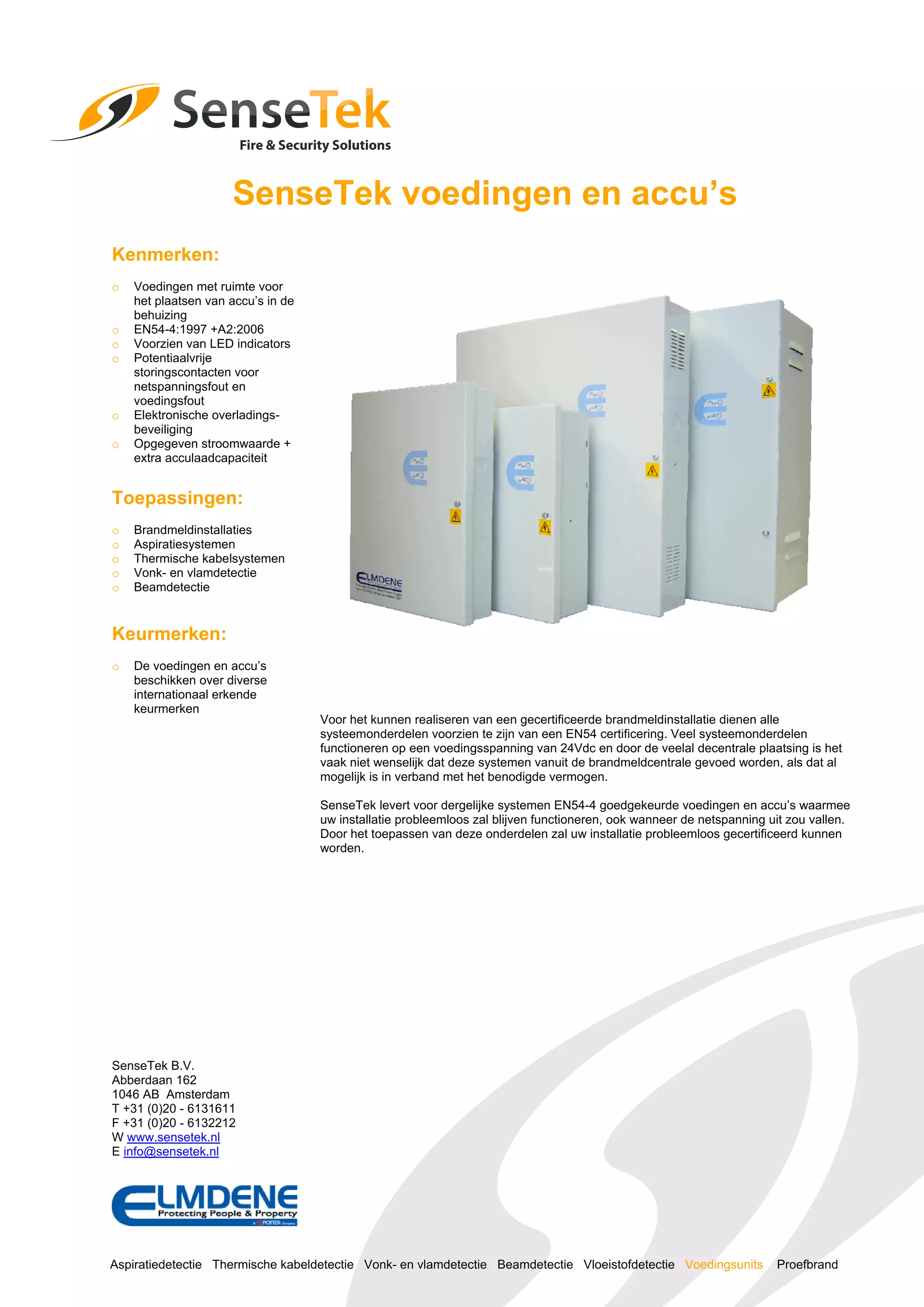 SenseTek Fire & Security Solutions en54-4 voeding en accu datasheet | PDF