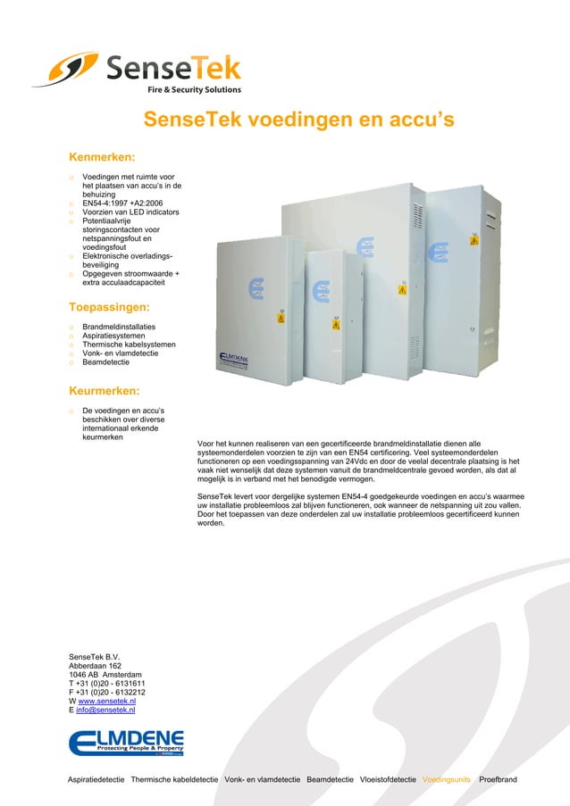 SenseTek Fire & Security Solutions en54-4 voeding en accu datasheet | PDF
