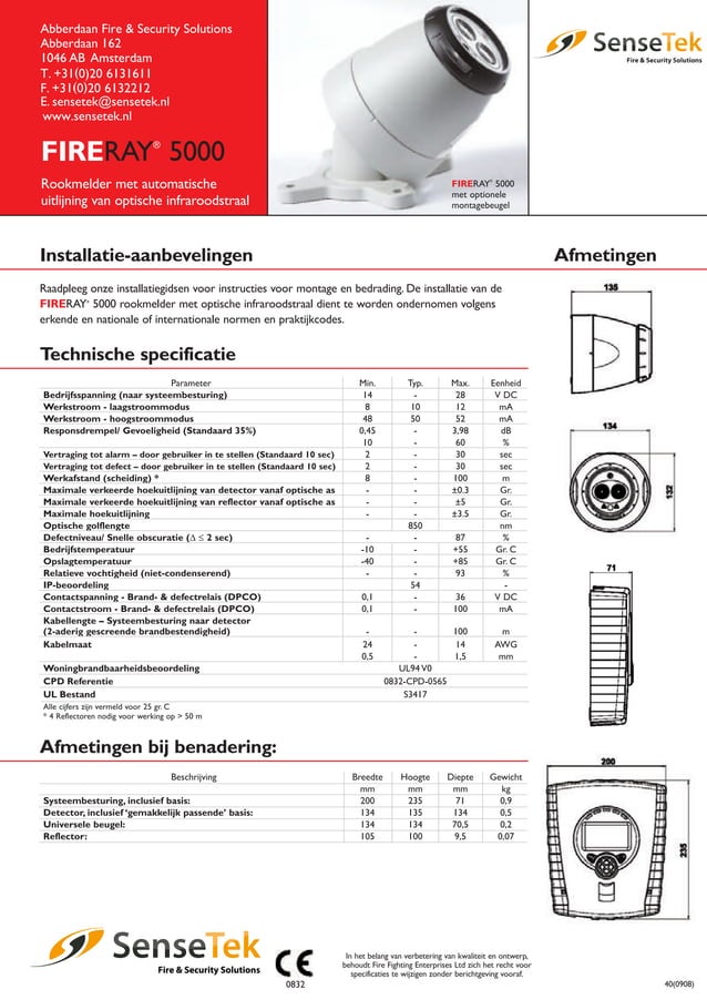 SenseTek Fireray 5000 datasheet nederlands | PDF