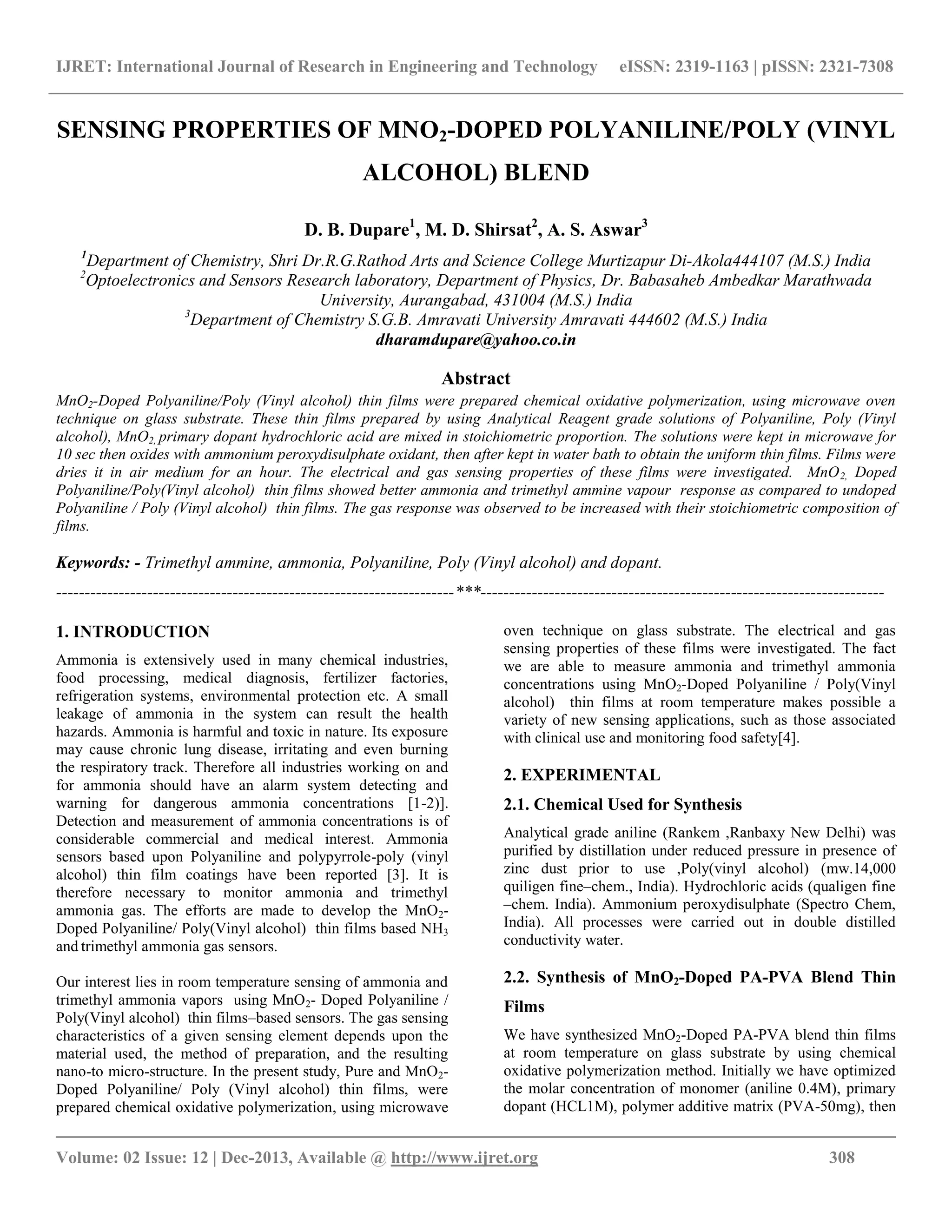 Sensing properties of mno2 doped polyaniline | PDF