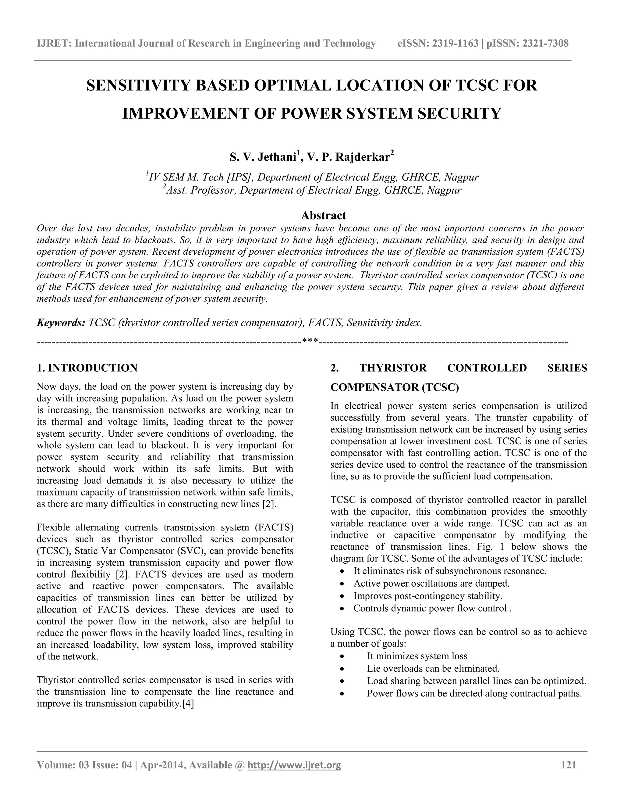 Sensitivity based optimal location of tcsc for improvement of power system security | PDF