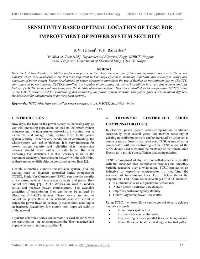 Sensitivity based optimal location of tcsc for improvement of power system security | PDF