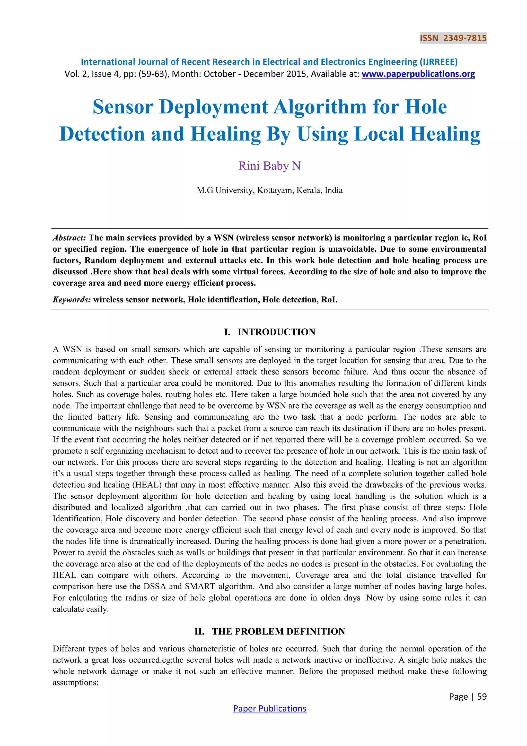 Sensor Deployment Algorithm For Hole Detection And Healing By Using Local Healing Pdf
