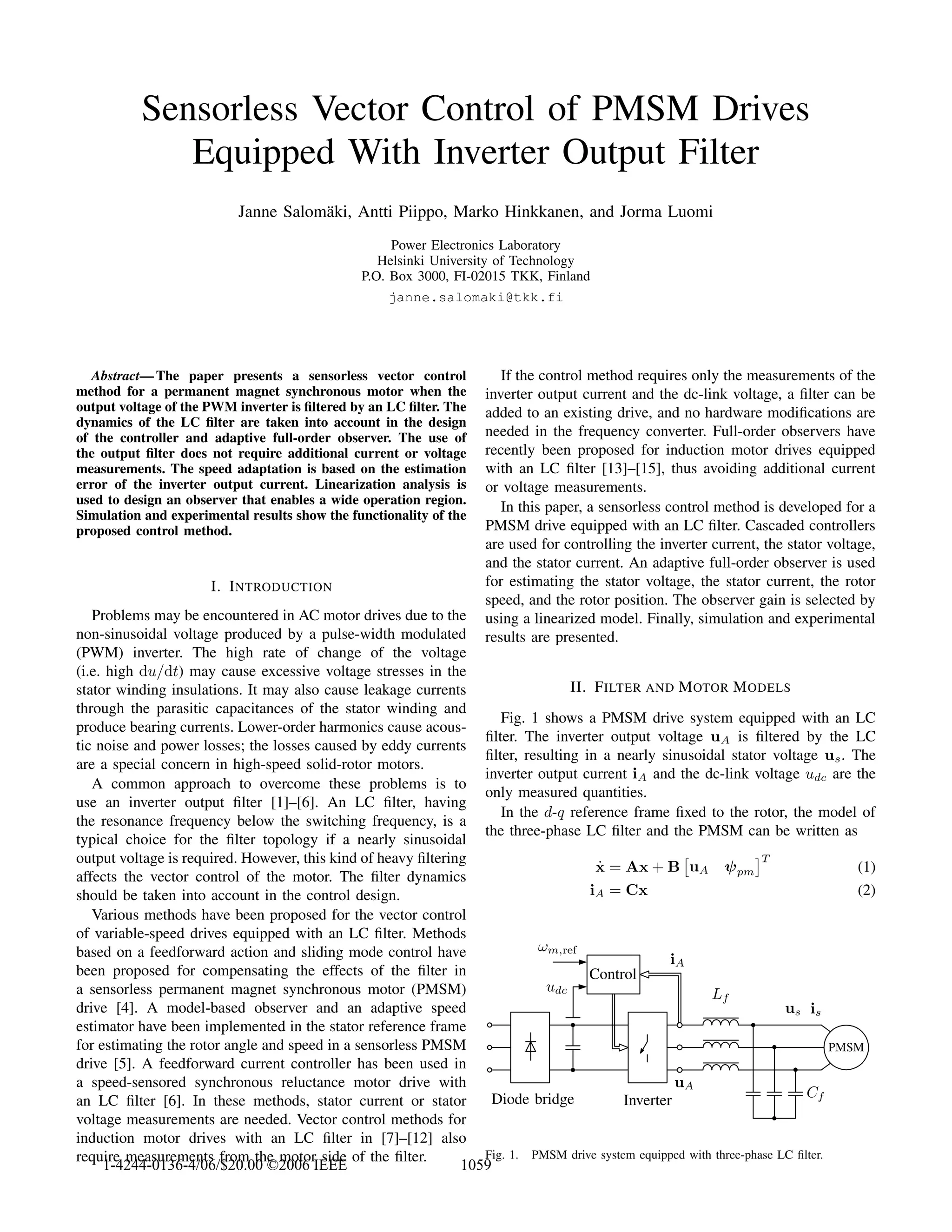 Sensorless Vector Control Of Psms Drives Wquipped With Inverter Output Filter Pdf Internet